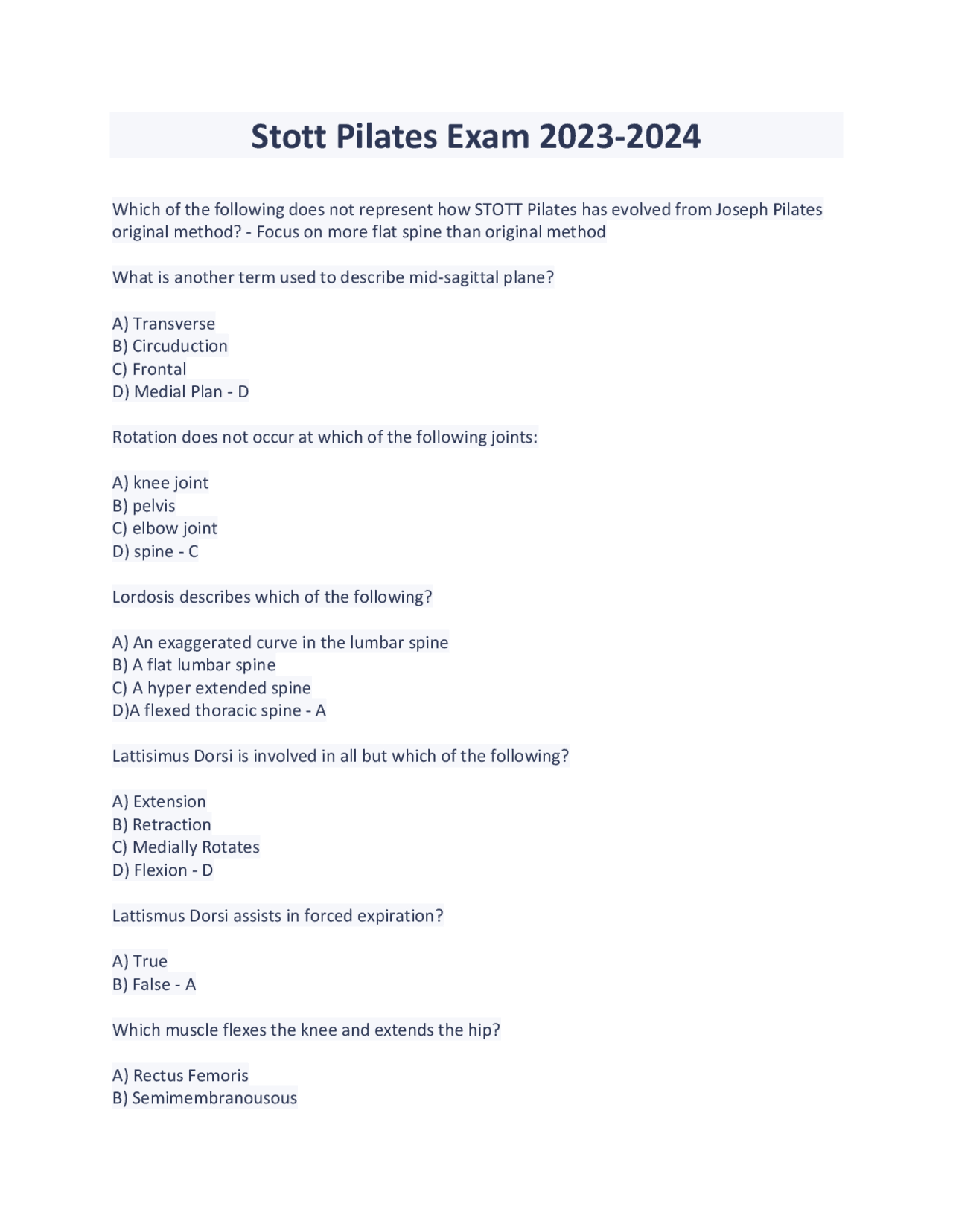 Stott Pilates Exam 2023-2024 | Exams Advanced Education | Docsity