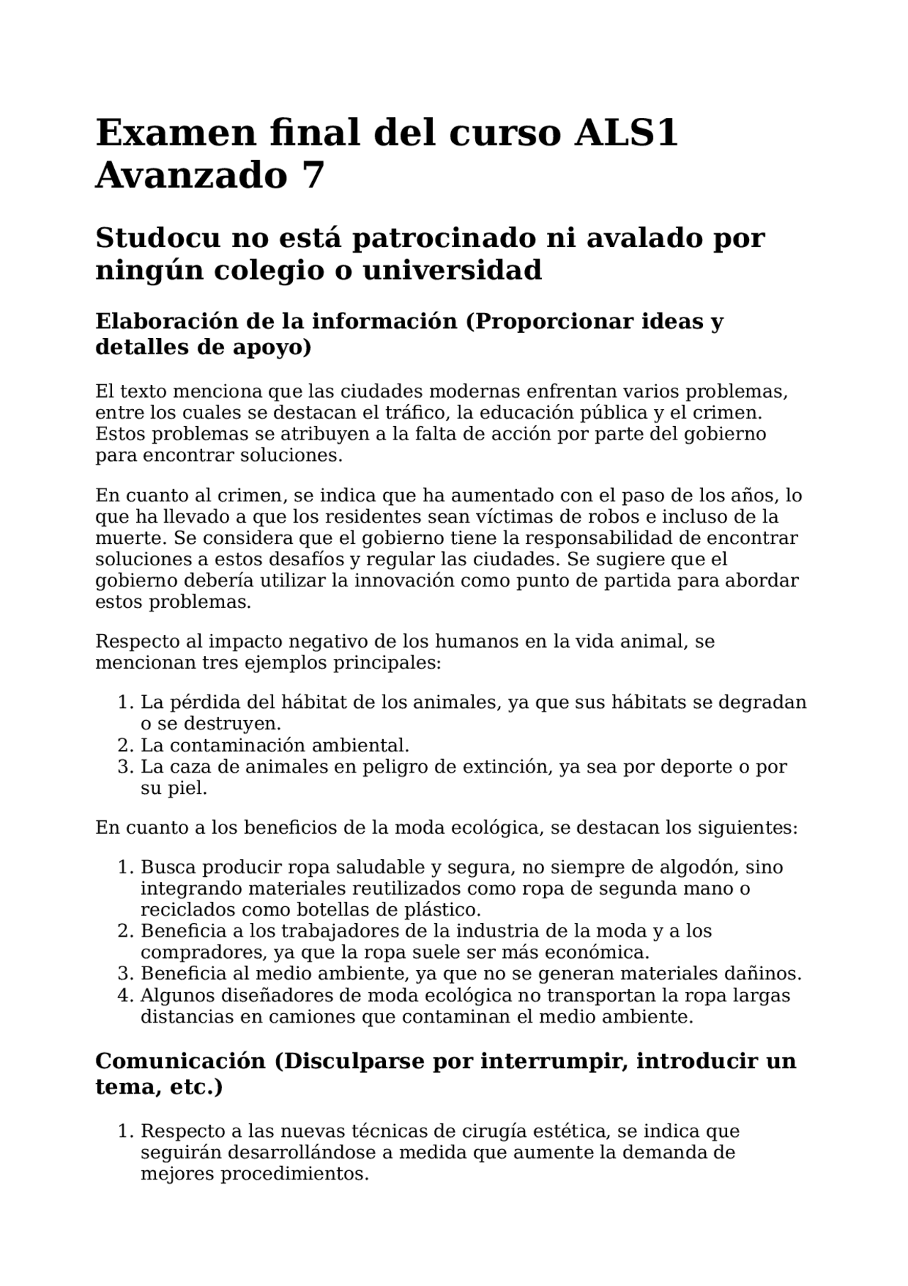 Final Exam ALS1 Avanzado 7 | Study notes English Language | Docsity