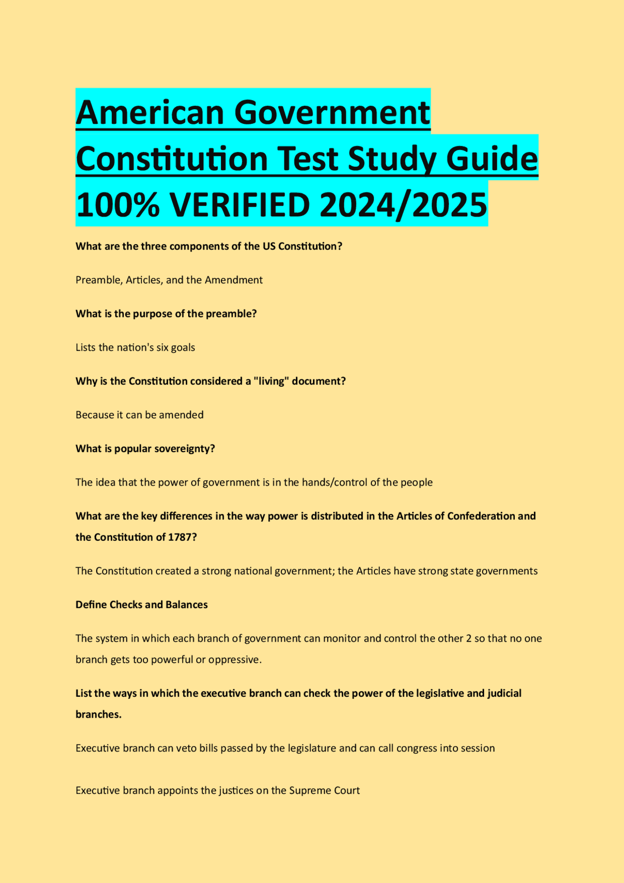 American Government Constitution Test Study Guide 100% VERIFIED 2024/ ...