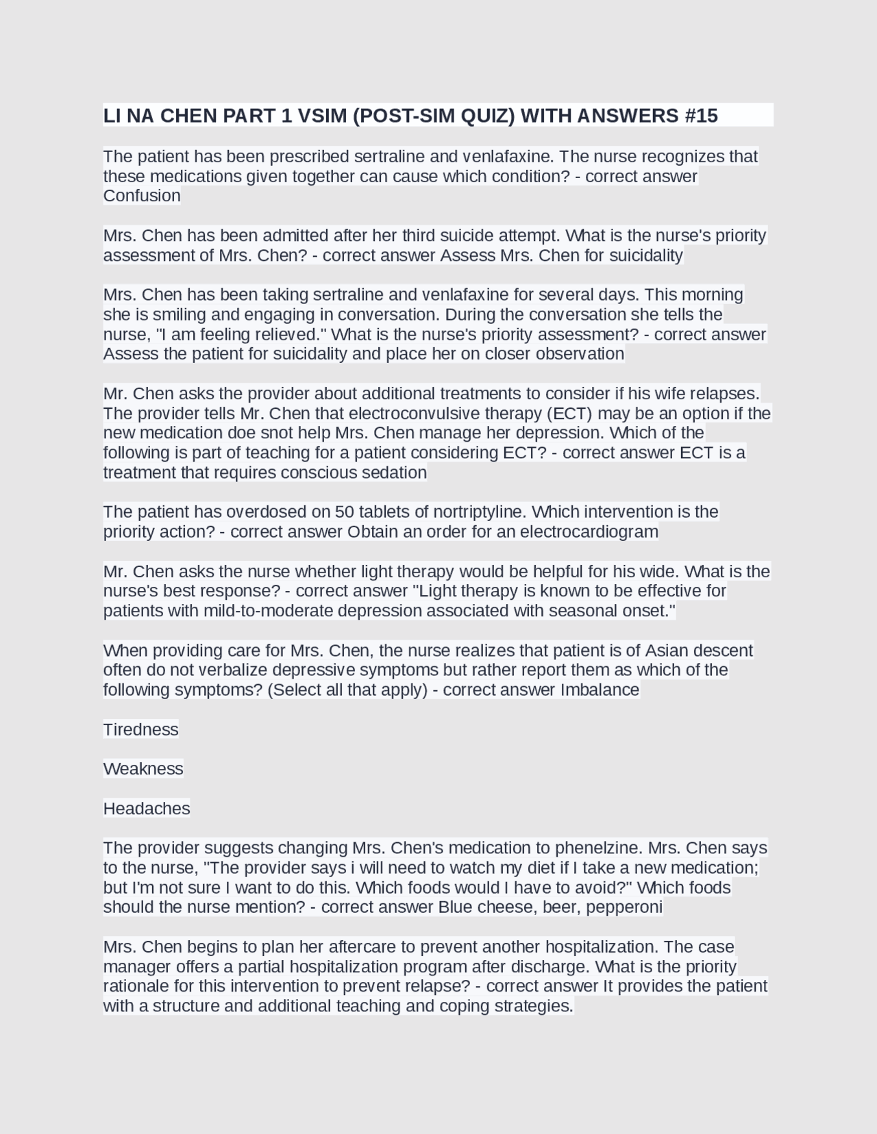 LI NA CHEN PART 1 VSIM (POST-SIM QUIZ) WITH ANSWERS #15 | Exams Nursing ...