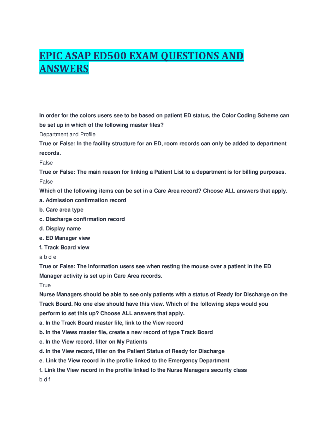 EPIC ASAP ED500 Exam Questions and Answers | Exams Nursing | Docsity