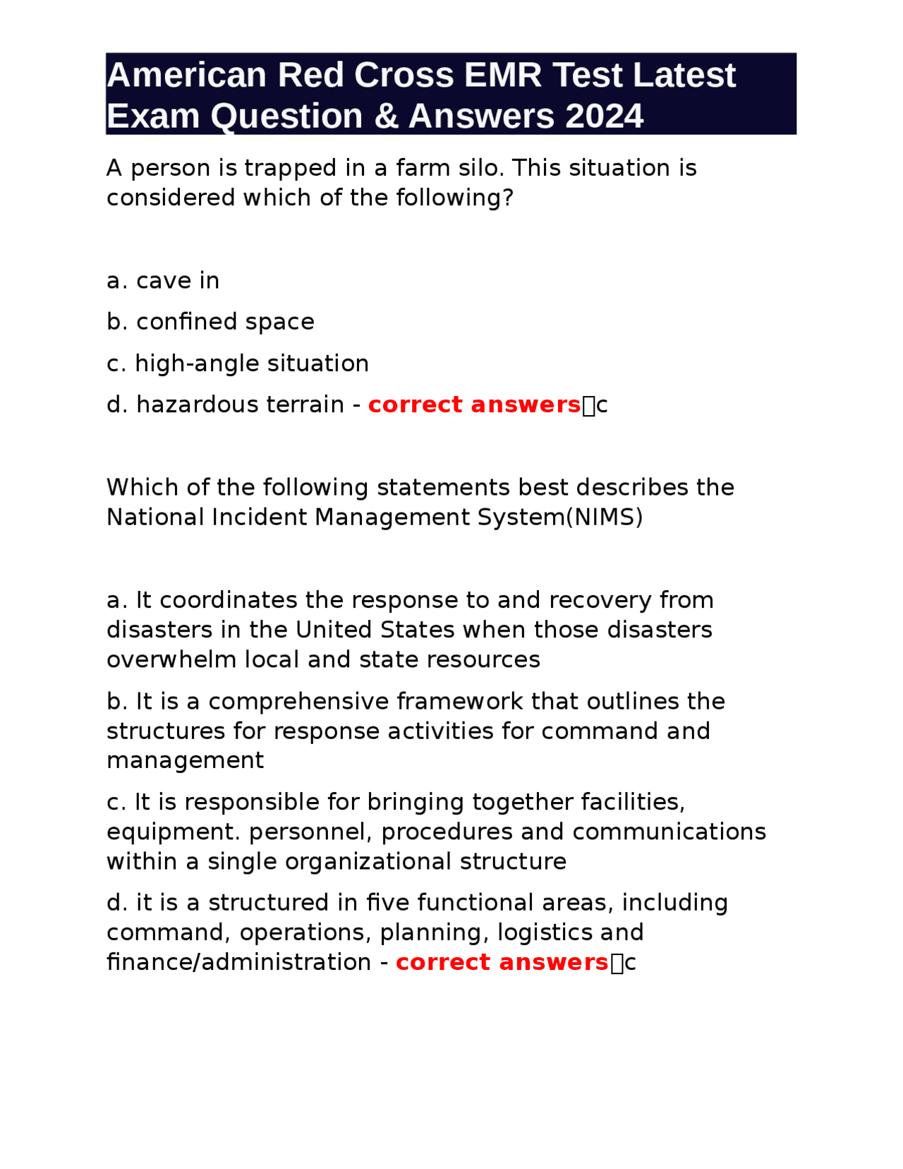 American Red Cross EMR Test Latest Exam Questions & Answers 2024 ...