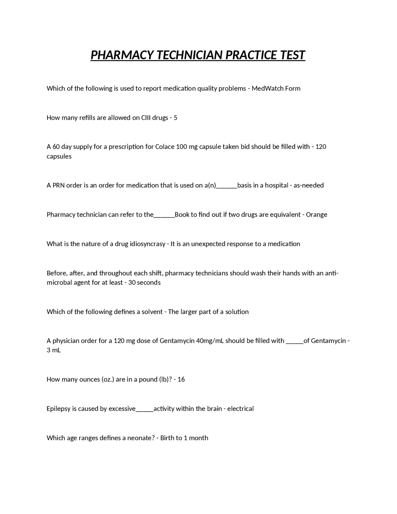 Pharmacy Technician Practice Test | Exams Advanced Education | Docsity