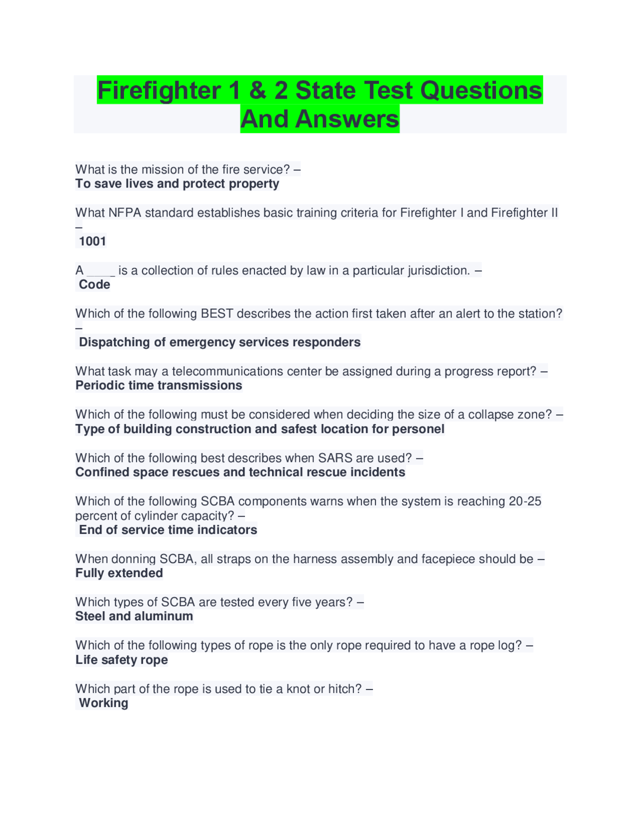 Firefighter 1 & 2 State Test Questions And Answers | Exams Advanced ...