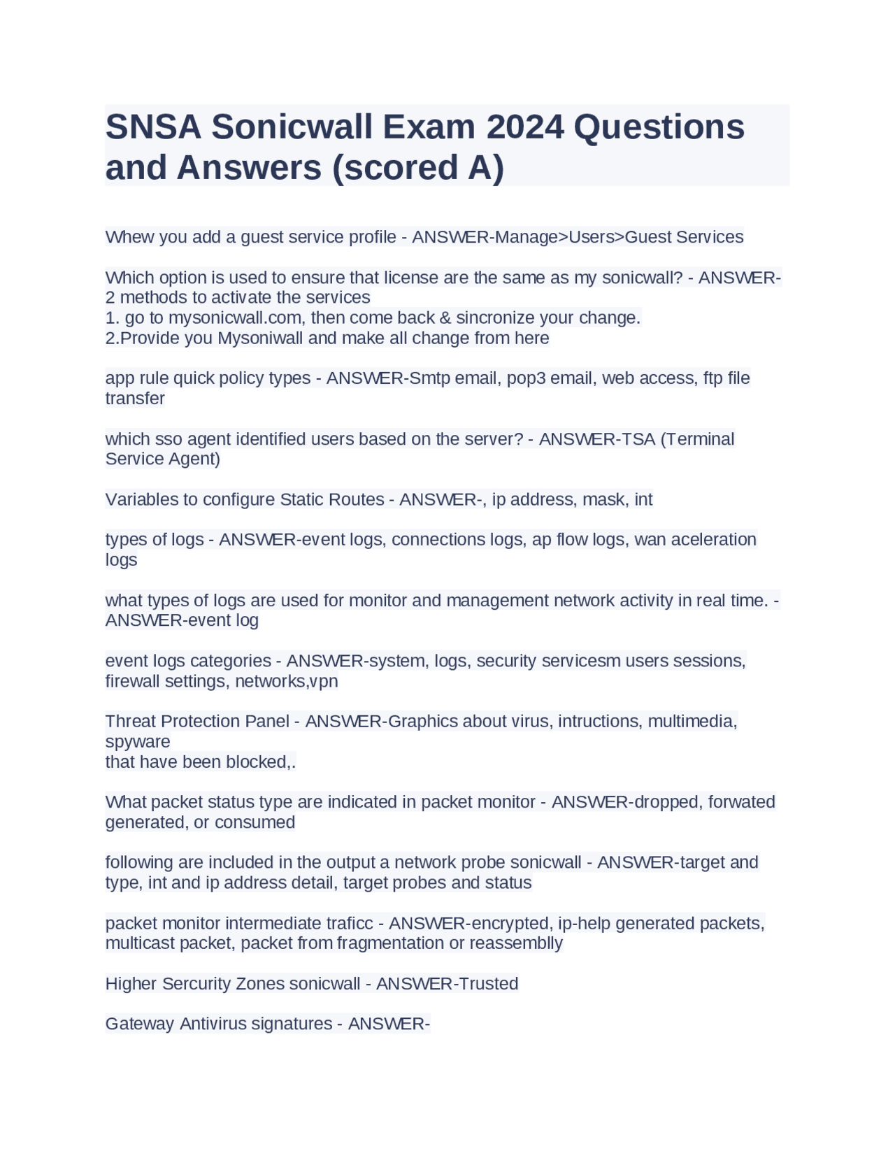SNSA Sonicwall Exam 2024 Questions and Answers (scored A) | Exams ...