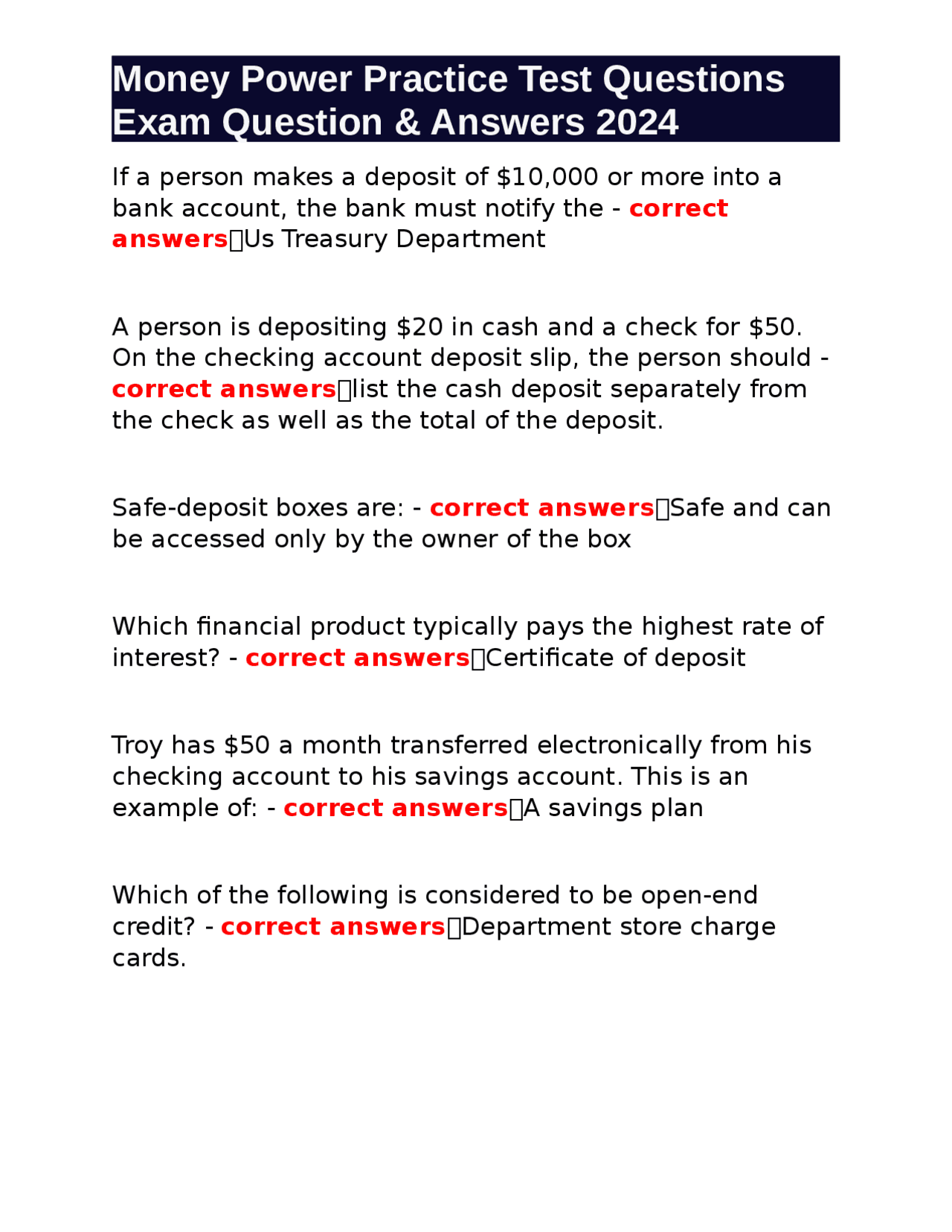 Money Power Practice Test Questions | Exams Nursing | Docsity