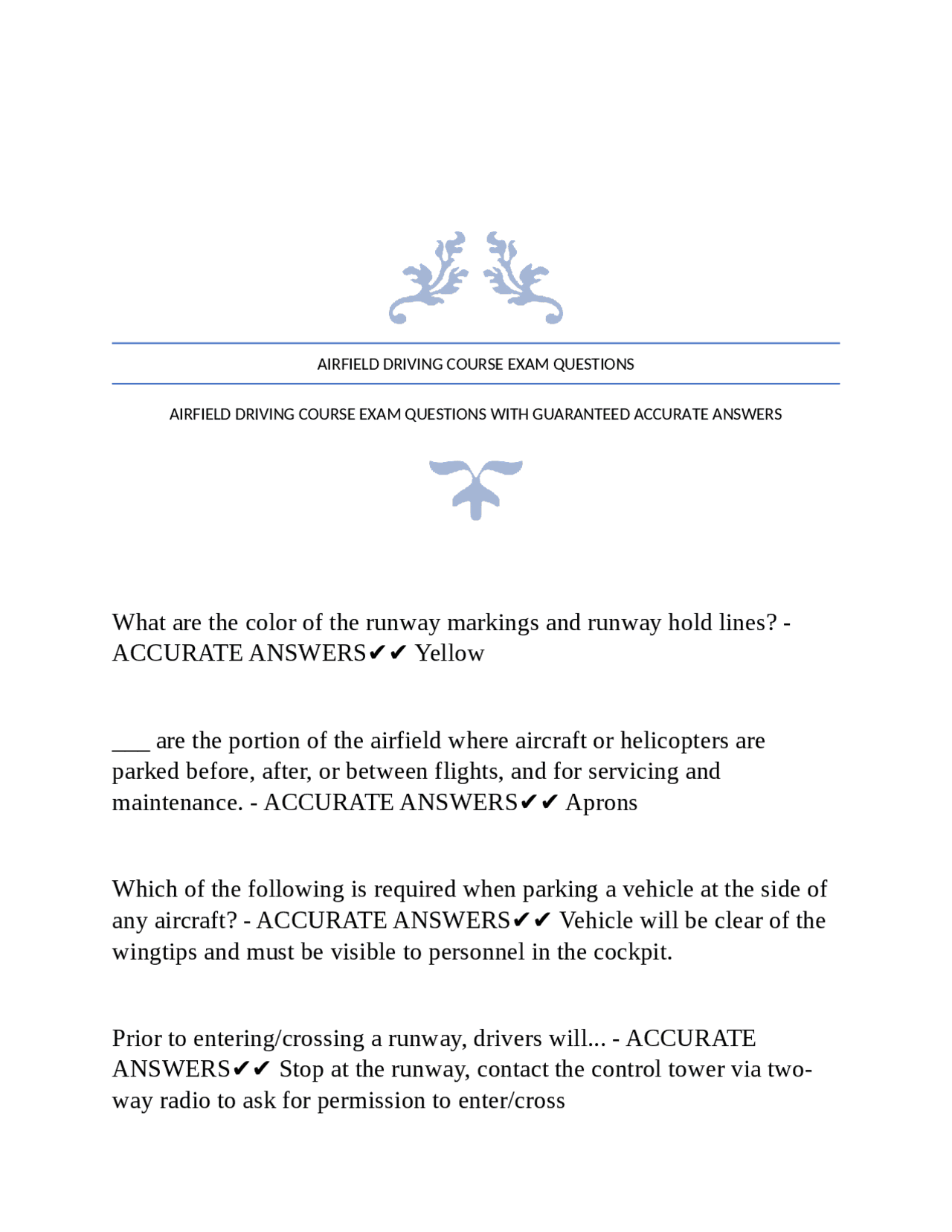 Airfield Driving Course Exam Questions | Exams Nursing | Docsity