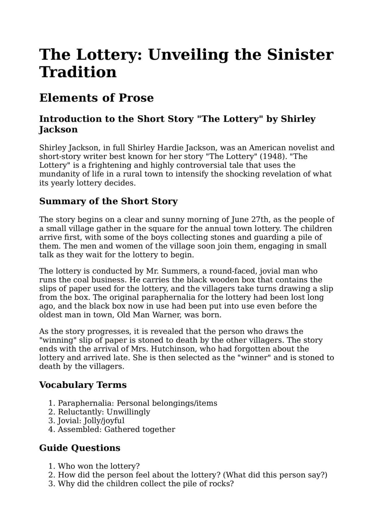 The Lottery by Shirley Jackson | Study notes Biology | Docsity