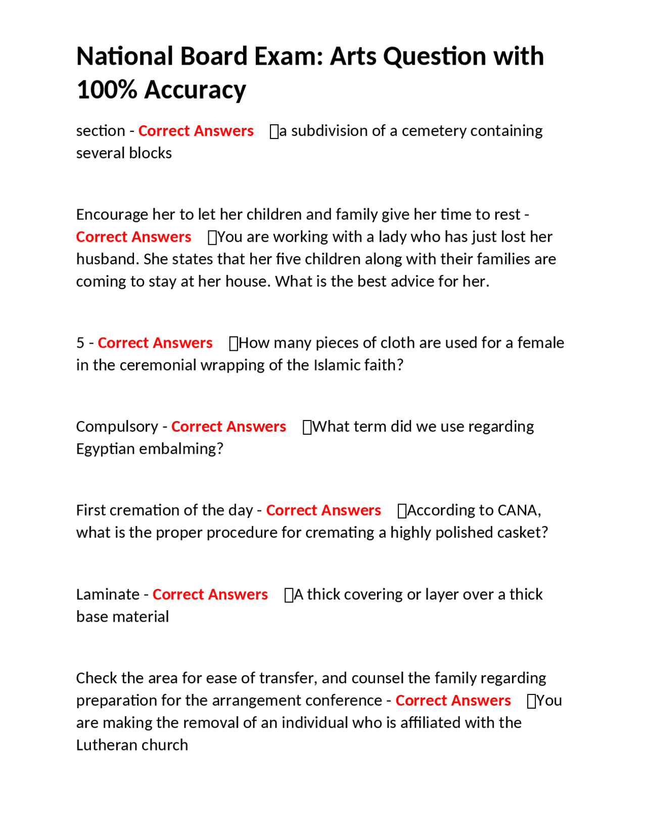 Correct Answers - National Board Exam: Arts | Exams Nursing | Docsity