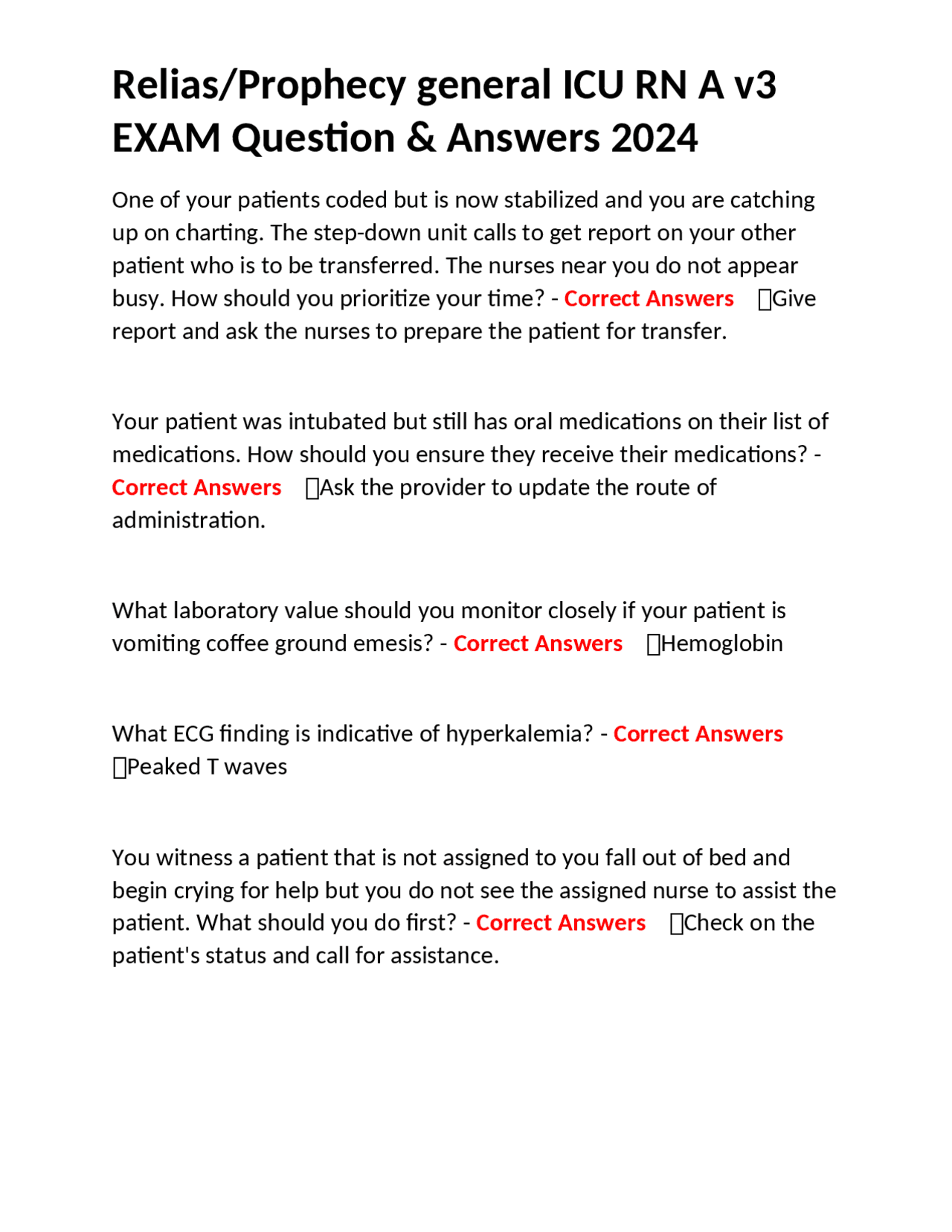 Relias/Prophecy general ICU RN A v3 EXAM Question & Answers 2024 ...