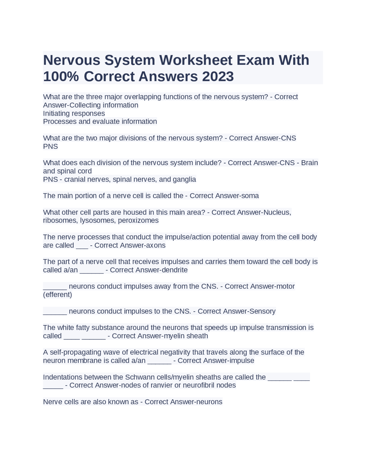Nervous System Worksheet Exam With 100% Correct Answers 2023 | Exams ...