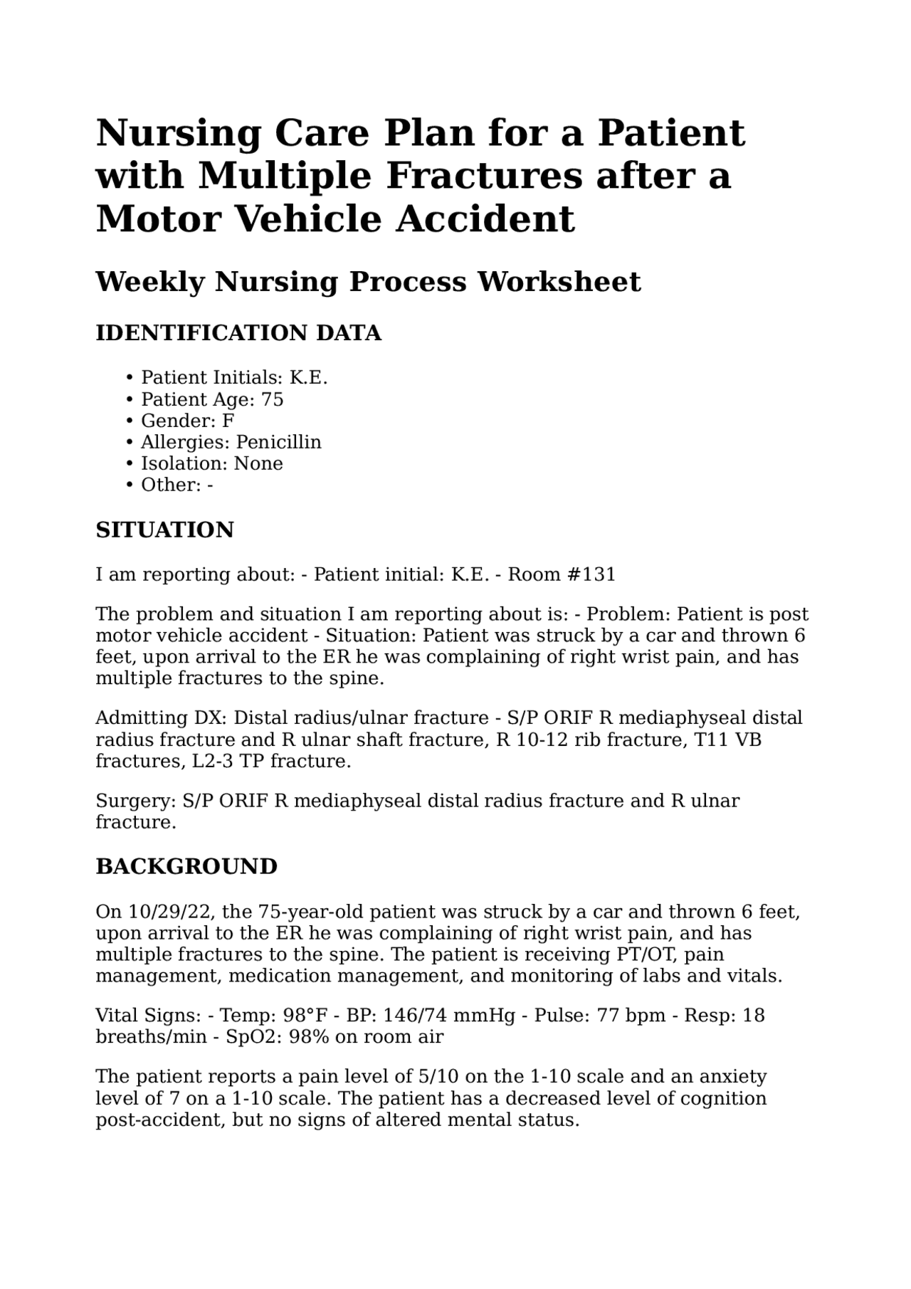 Nursing Assessment and Care Plan for a Patient Post Motor Vehicle ...