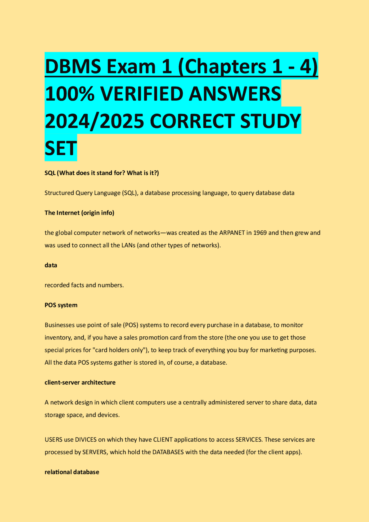 DBMS Exam 1 (Chapters 1 - 4) 100% VERIFIED ANSWERS 2024/2025 CORRECT ...