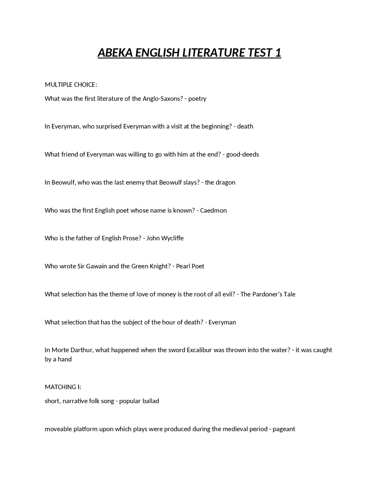 ABEKA ENGLISH LITERATURE TEST 1 | Exams Advanced Education | Docsity