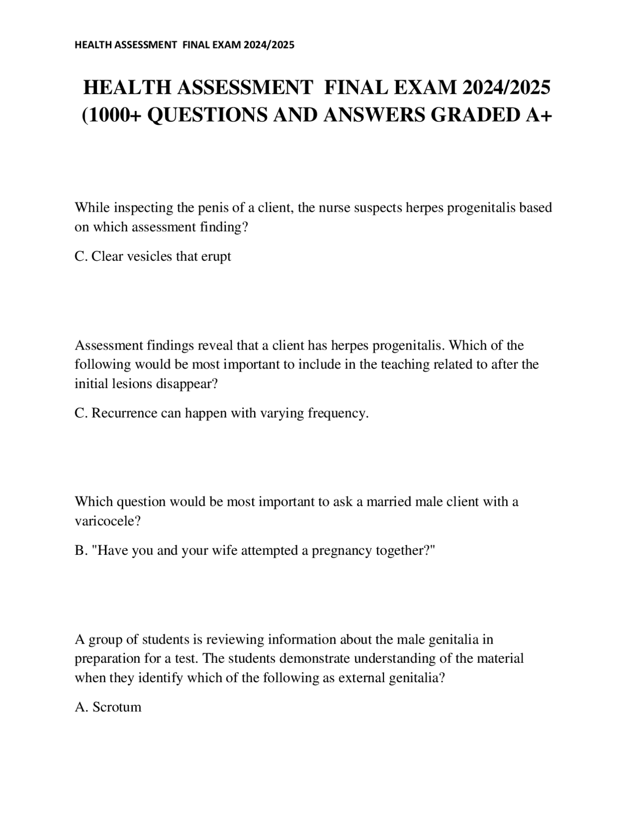 HEALTH ASSESSMENT FINAL EXAM 2024/2025 (1000+ QUESTIONS AND ANSWERS ...