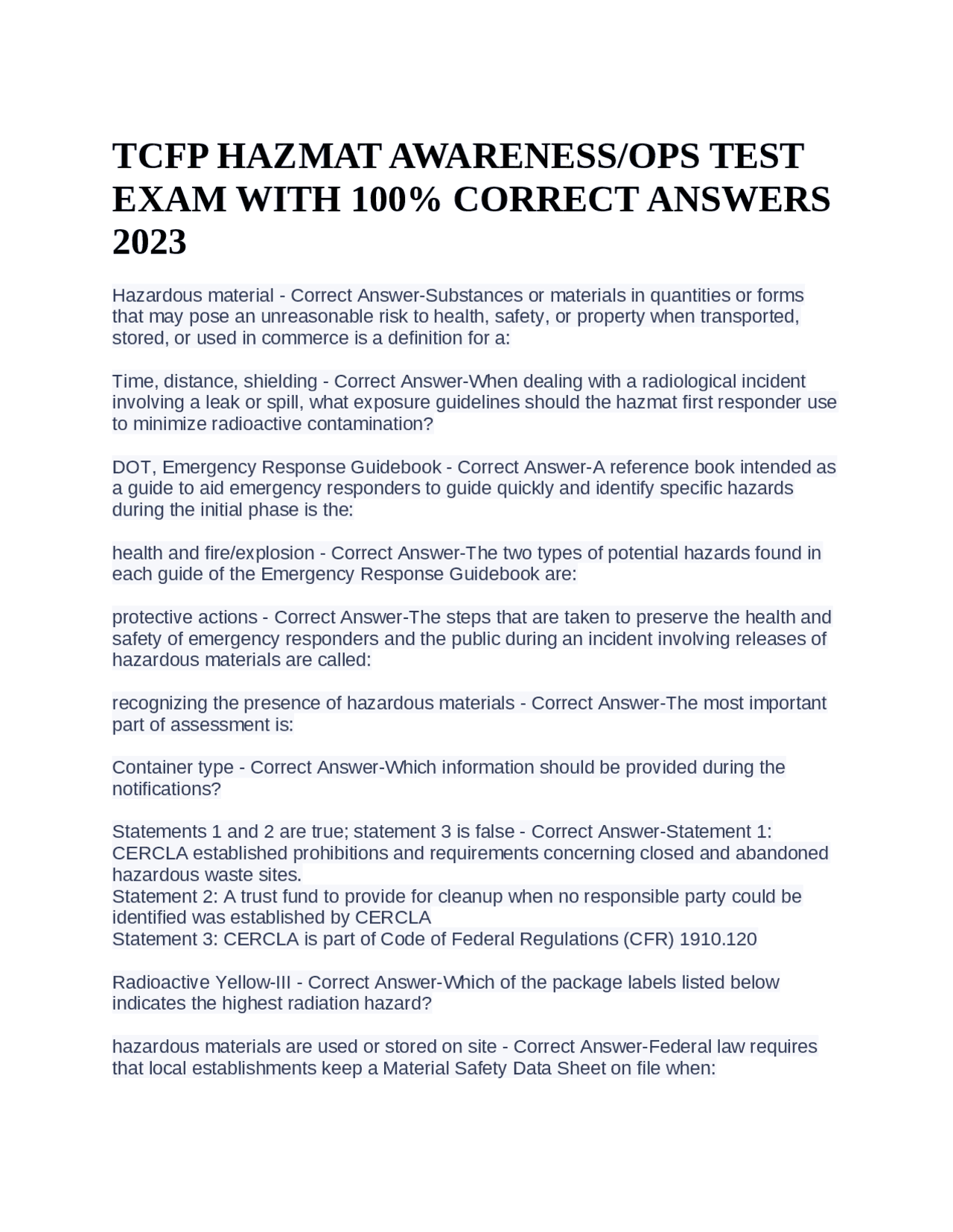 TCFP HAZMAT Awareness/Ops Test Exam with 100% Correct Answers | Exams ...