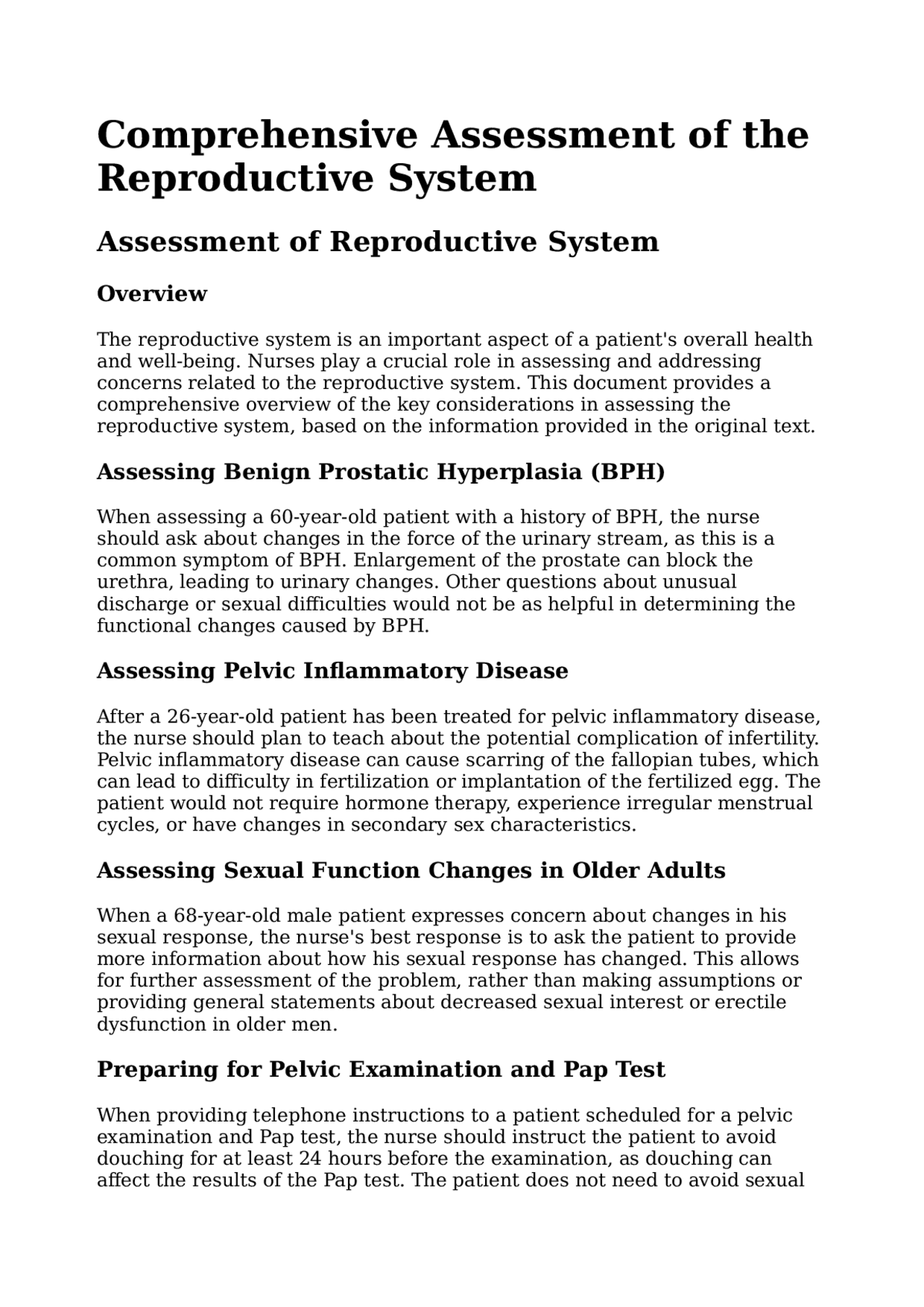 Assessment of the Reproductive System | Exams Nursing | Docsity