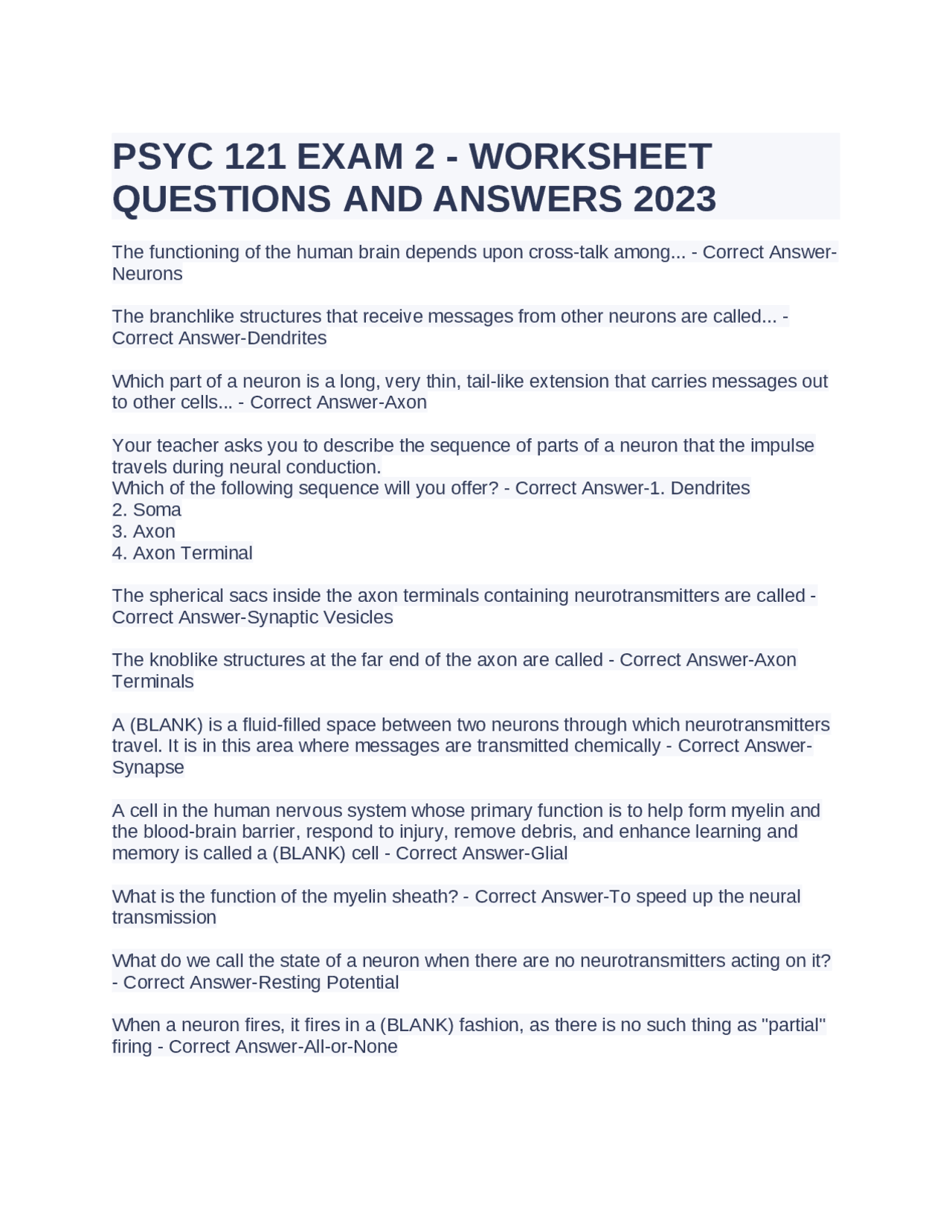 PSYC 121 EXAM 2 - WORKSHEET QUESTIONS AND ANSWERS 2023 | Exams Advanced ...