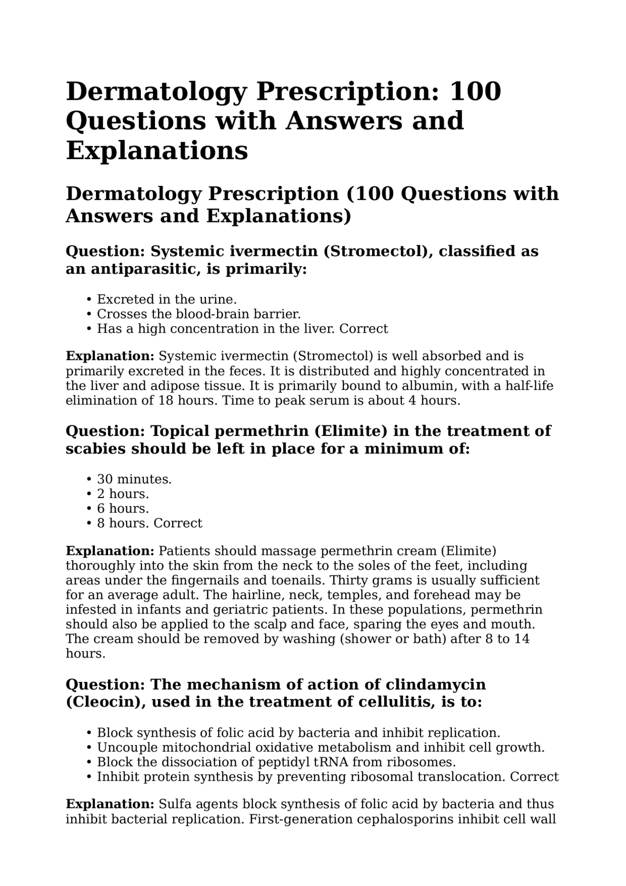 Dermatology Prescription: 100 Questions with Answers and Explanations ...