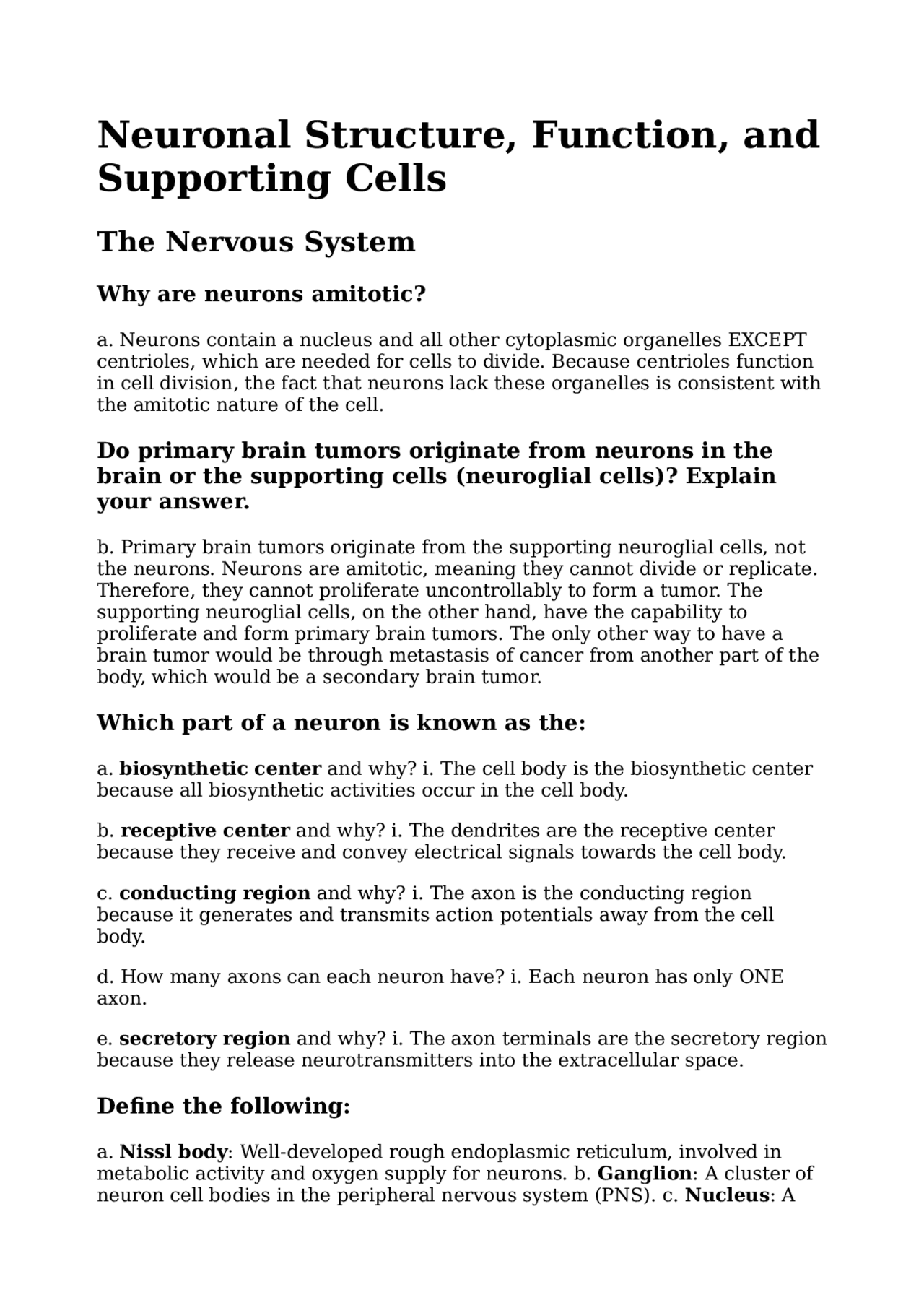 Neuronal Structure, Function, and Supporting Cells: A Comprehensive Guide | Exams Biology | Docsity