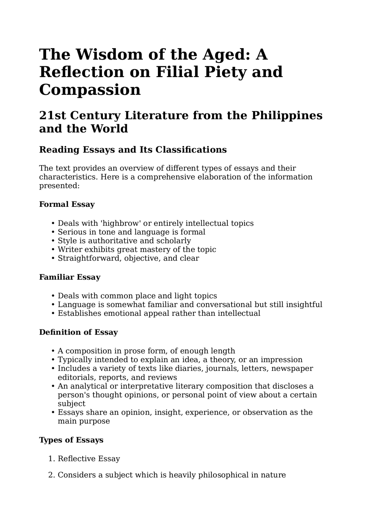 Reading Essays and Its Classifications | Summaries English | Docsity