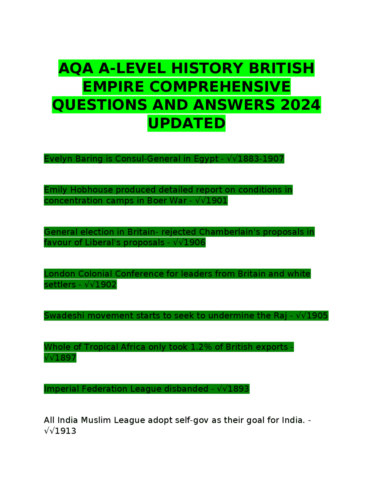 AQA A-Level History: The British Empire Comprehensive Questions and ...