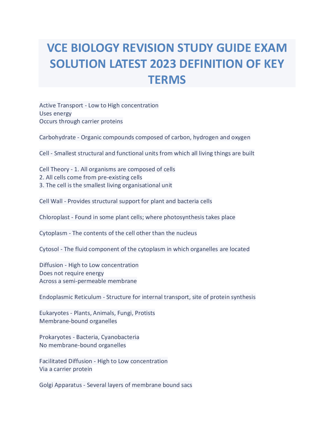 VCE Biology Revision Study Guide Exam 2023 | Exams Biology | Docsity