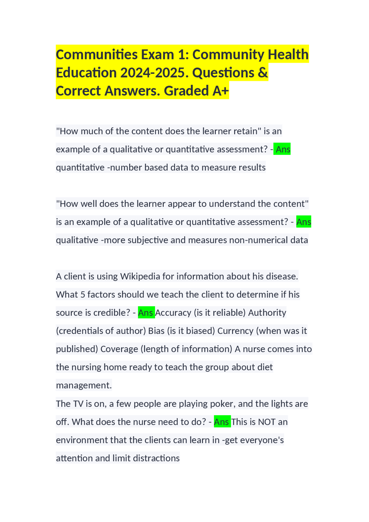 Communities Exam 1: Community Health Education 2024-2025. Questions ...