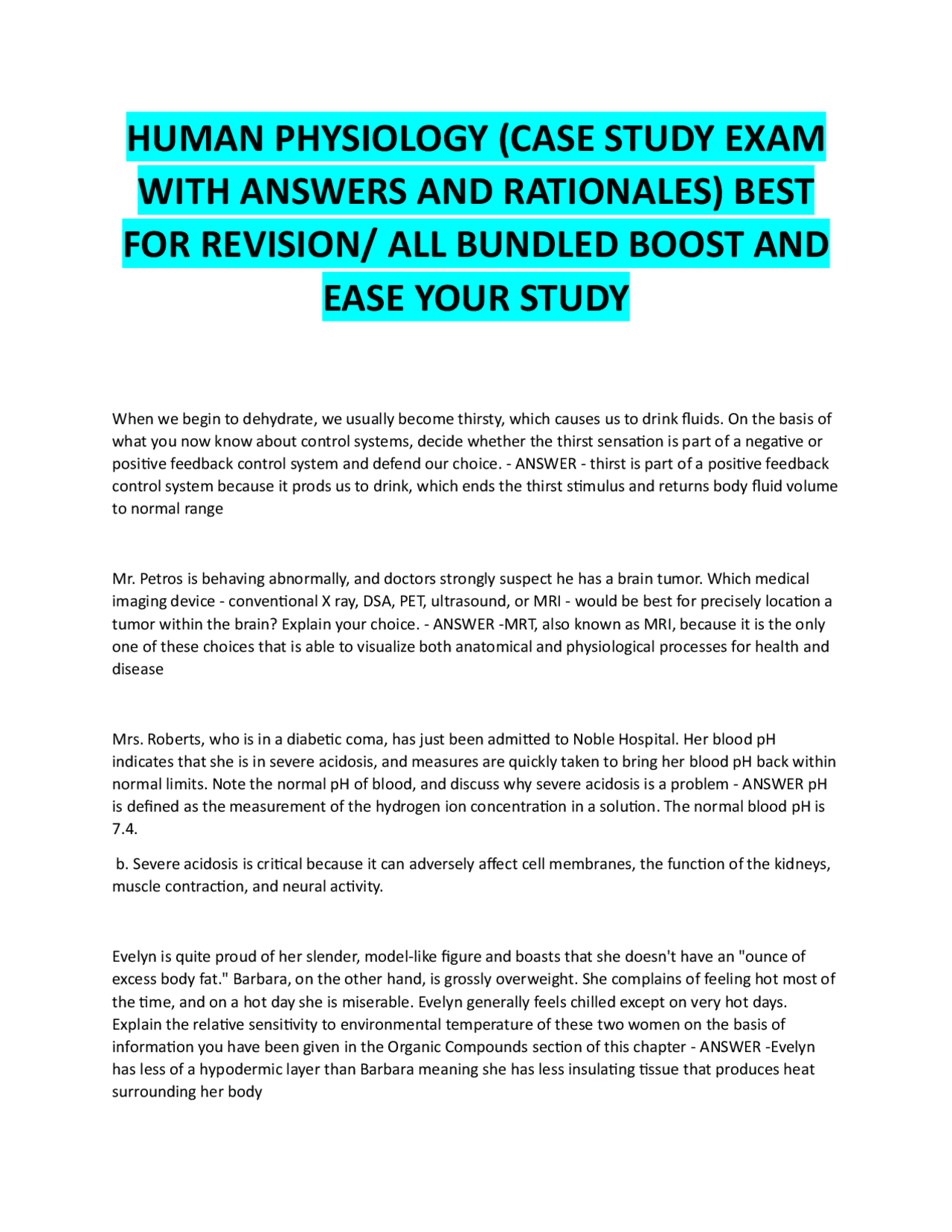 Human Physiology Case Study Exam | Exams Physiology | Docsity