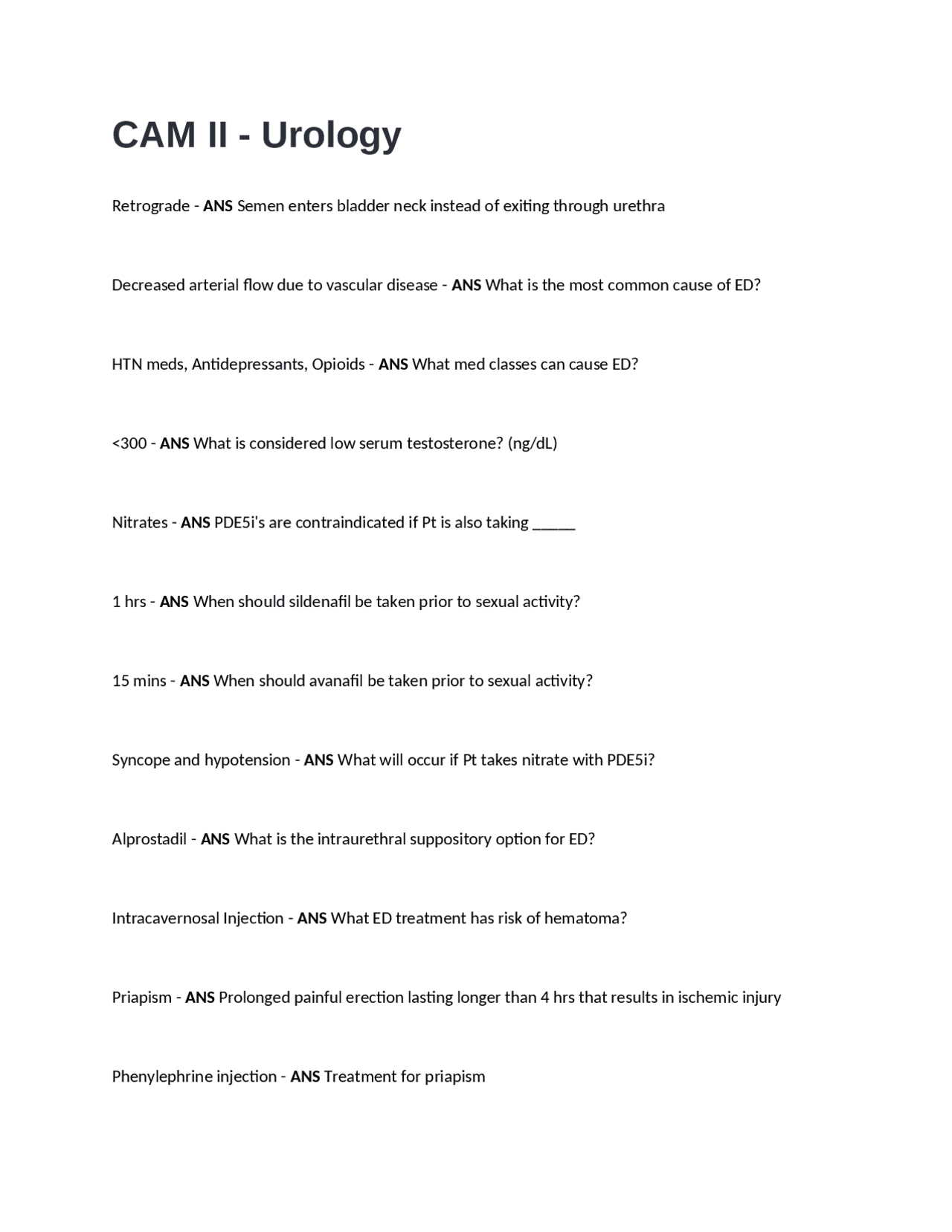 Urological Conditions and Treatments | Exams Urology | Docsity
