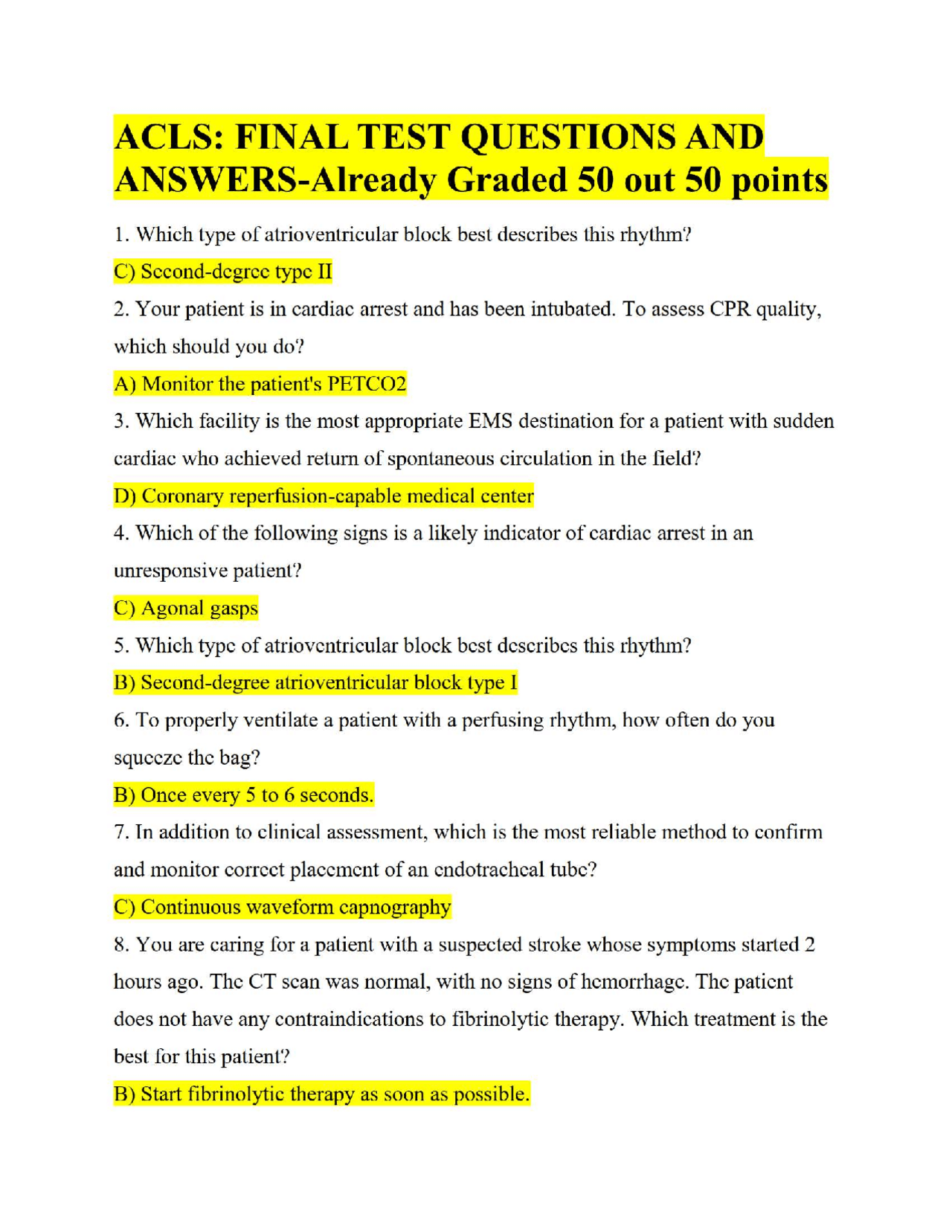 ACLS: FINAL TEST QUESTIONS AND ANSWERS-Already Graded 50 out 50 points ...