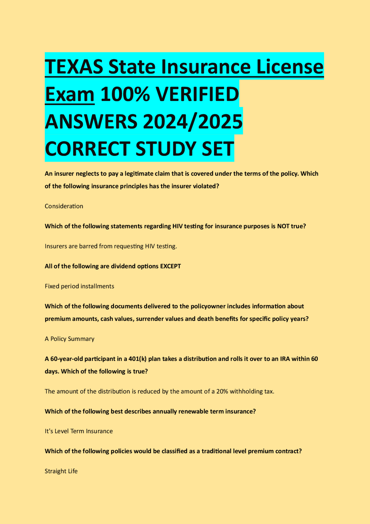 TEXAS State Insurance License Exam 100% VERIFIED ANSWERS 2024/2025 ...