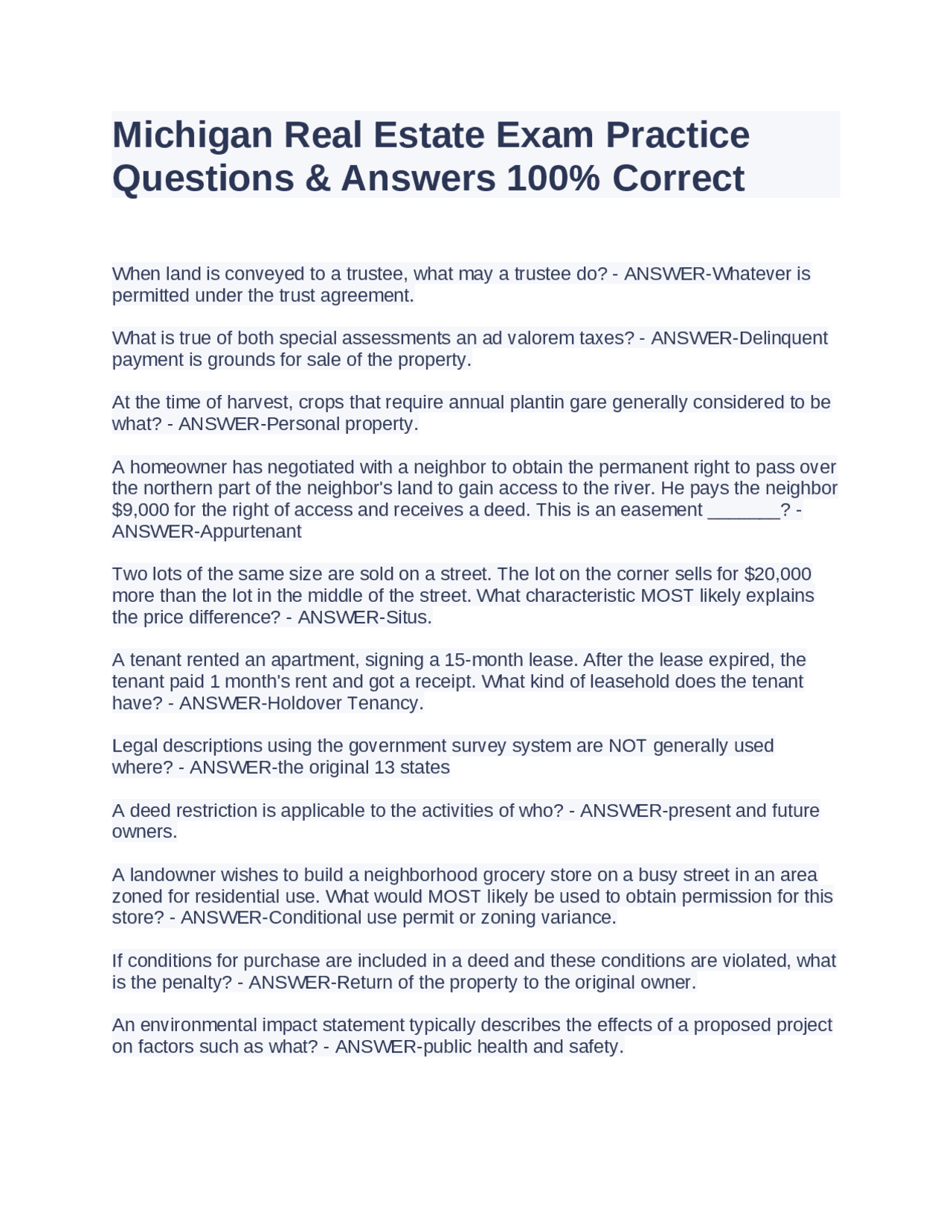 Michigan Real Estate Exam Practice Questions & Answers | Exams Real ...