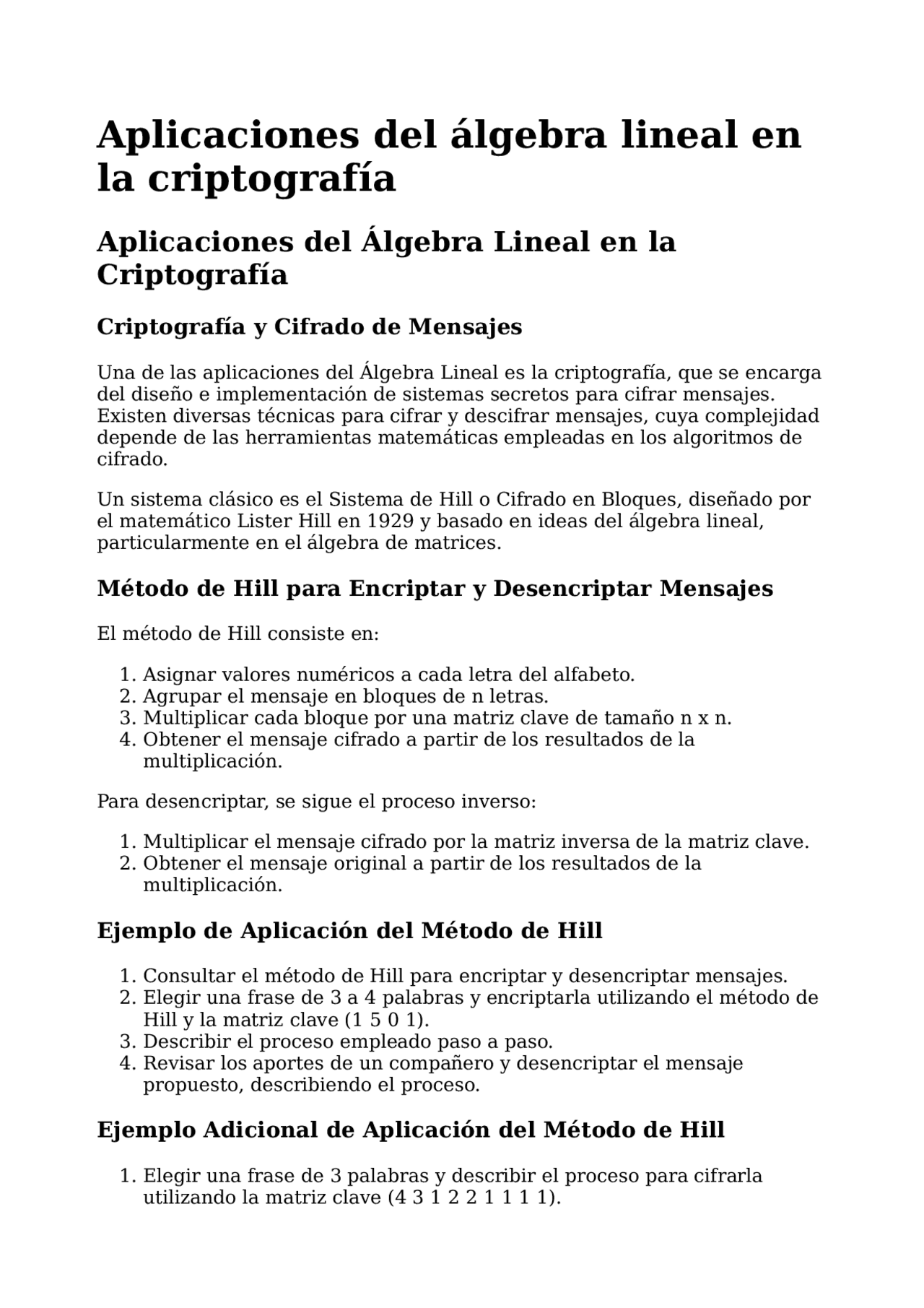Aplicaciones del Álgebra Lineal en Criptografía | Ejercicios de Probabilidad y Procesos ...