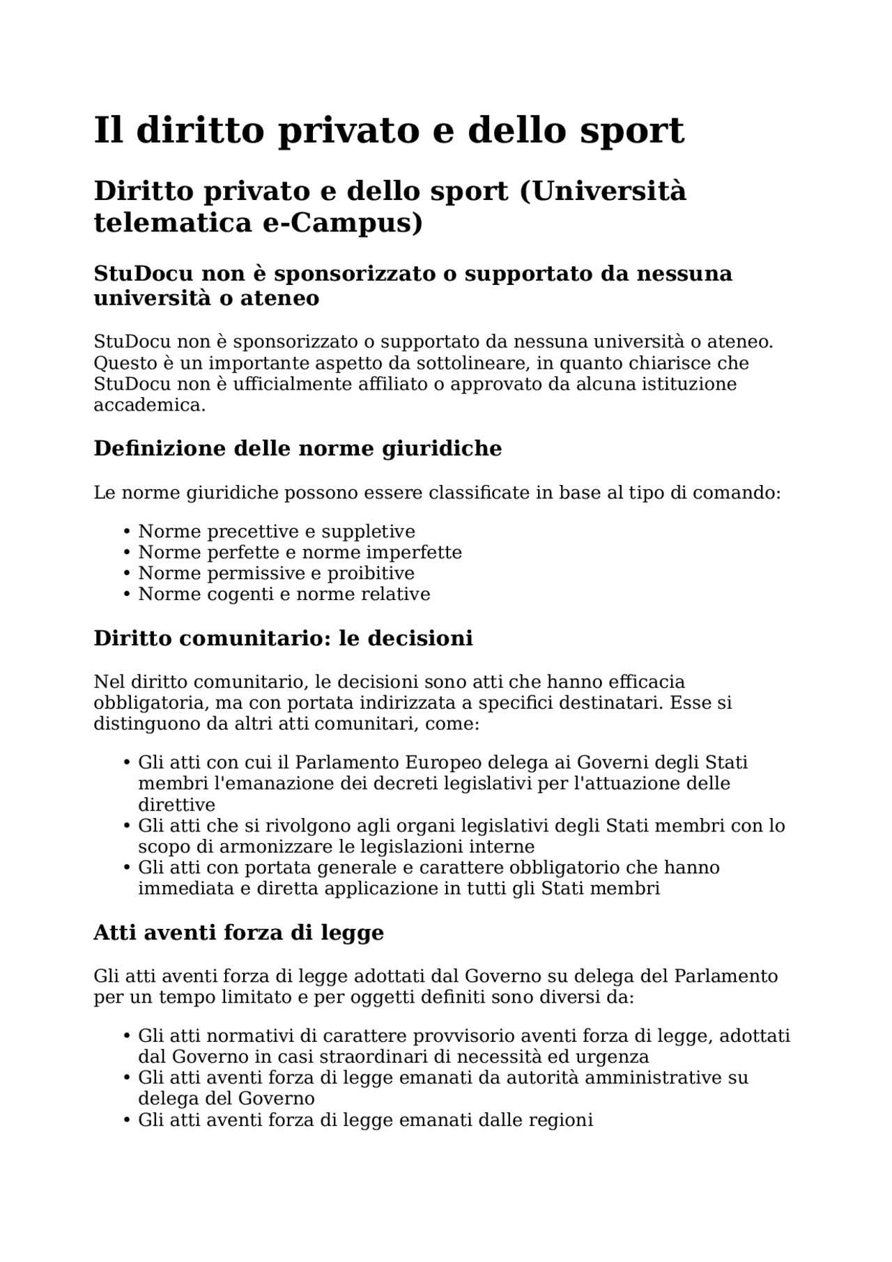 Diritto privato e dello sport | Dispense di Diritto Sportivo | Docsity