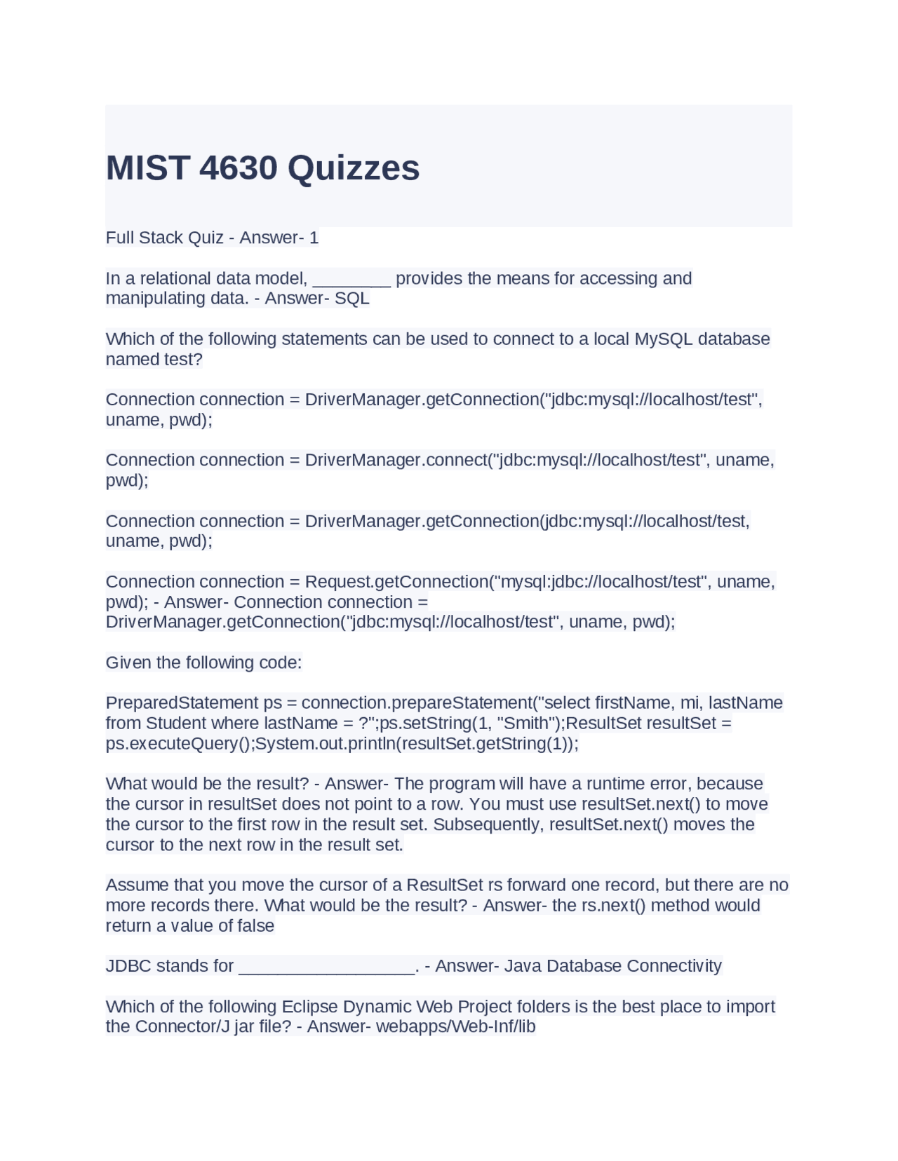 MIST 4630 Quizzes | Exams Advanced Education | Docsity