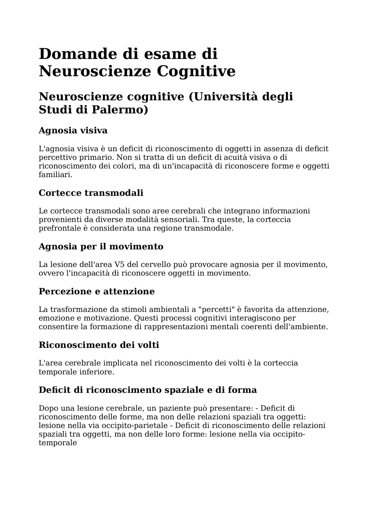 Domande e risposte di una prova in itinere del corso di Neuroscienze cognitive all'Università di ...