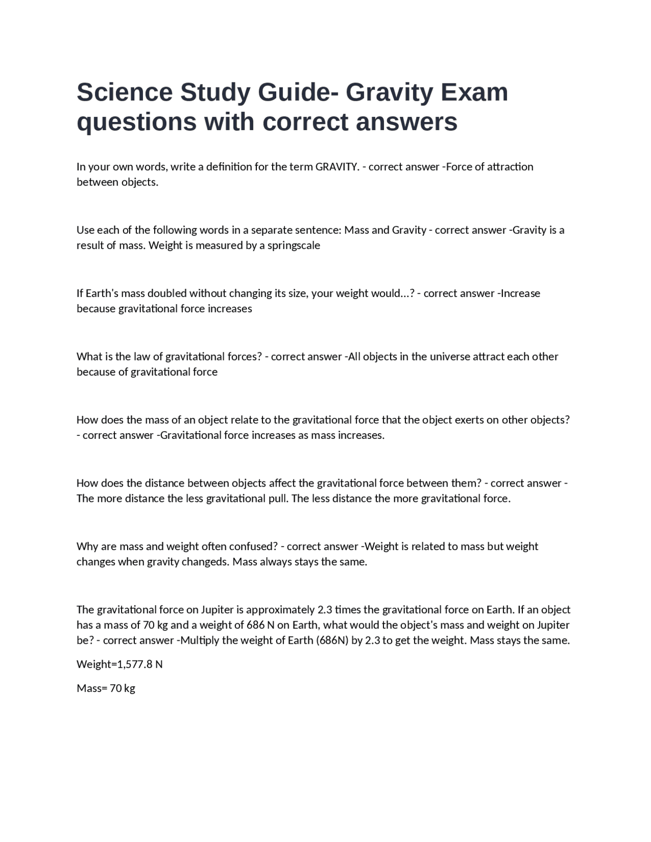 Gravity Exam Study Guide | Exams Particle Physics | Docsity