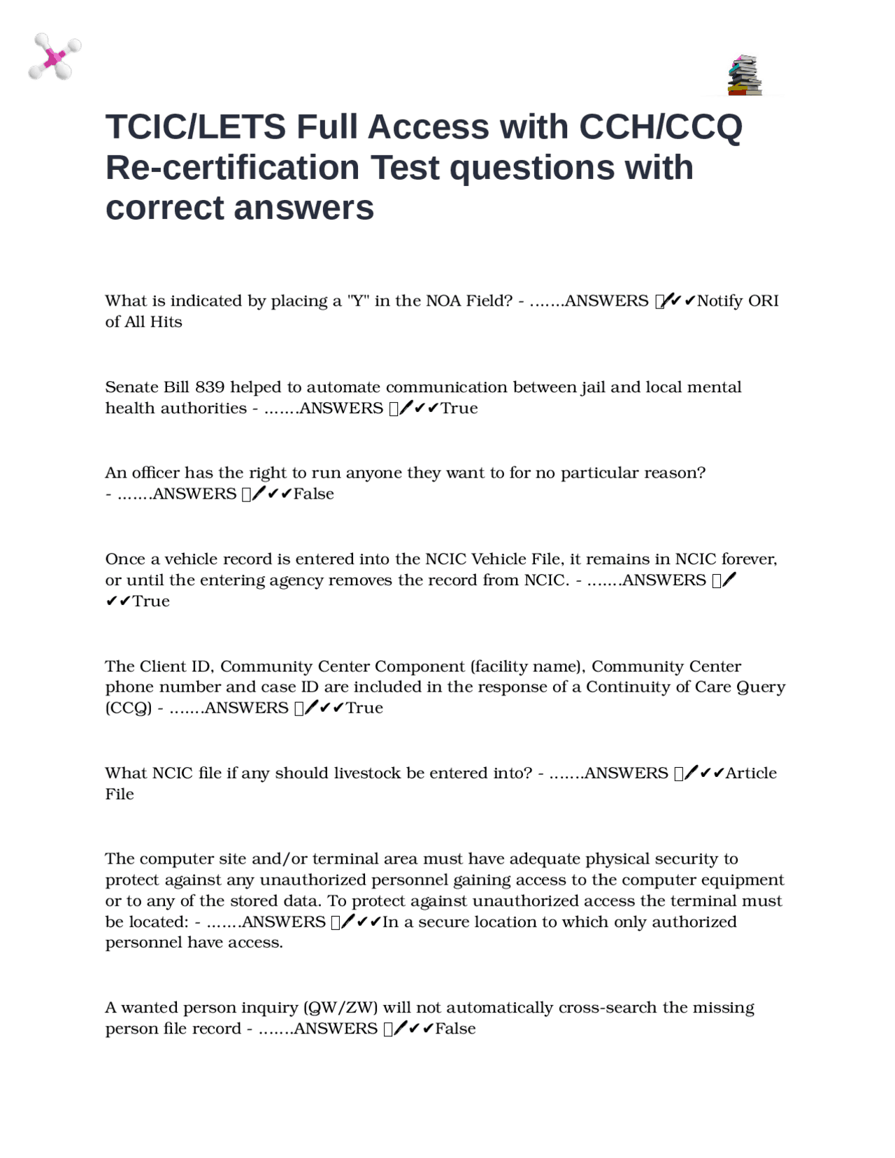 TCIC/LETS Full Access with CCH/CCQ Re-certification Test questions with ...