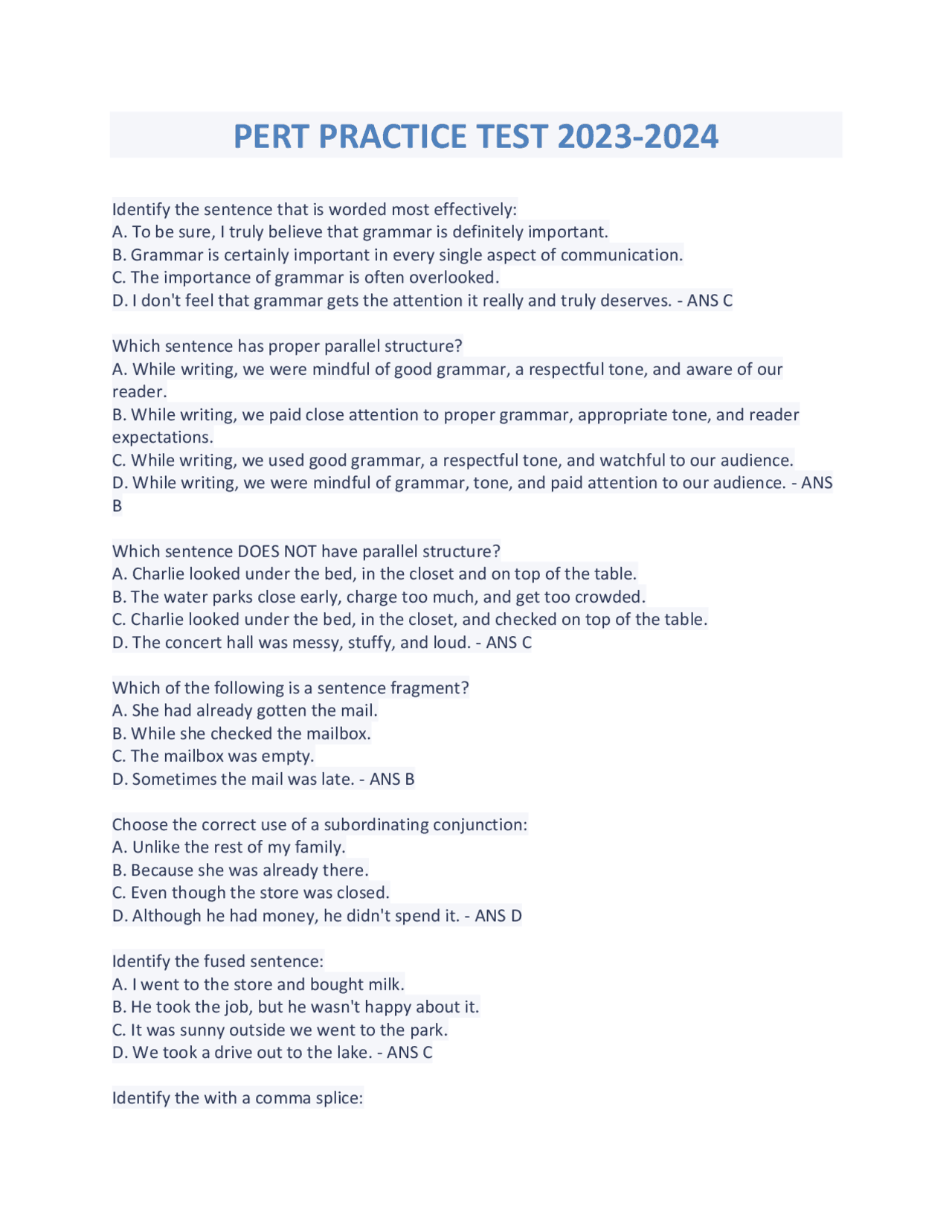 PERT Practice Test 2023-2024 | Exams Advanced Education | Docsity