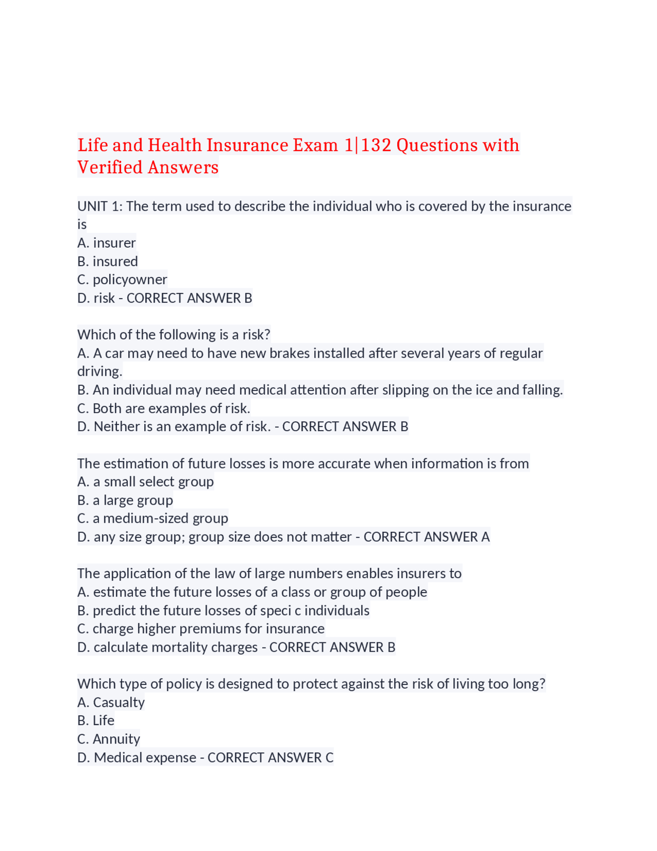 Life and Health Insurance Exam 1: 132 Questions with Verified Answers ...