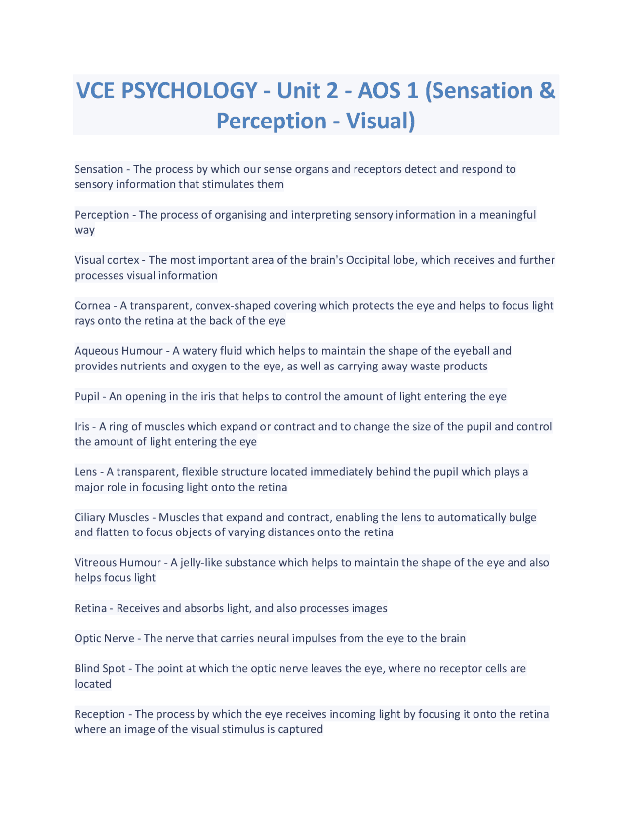 VCE PSYCHOLOGY - Unit 2 - AOS 1 (Sensation & Perception - Visual ...