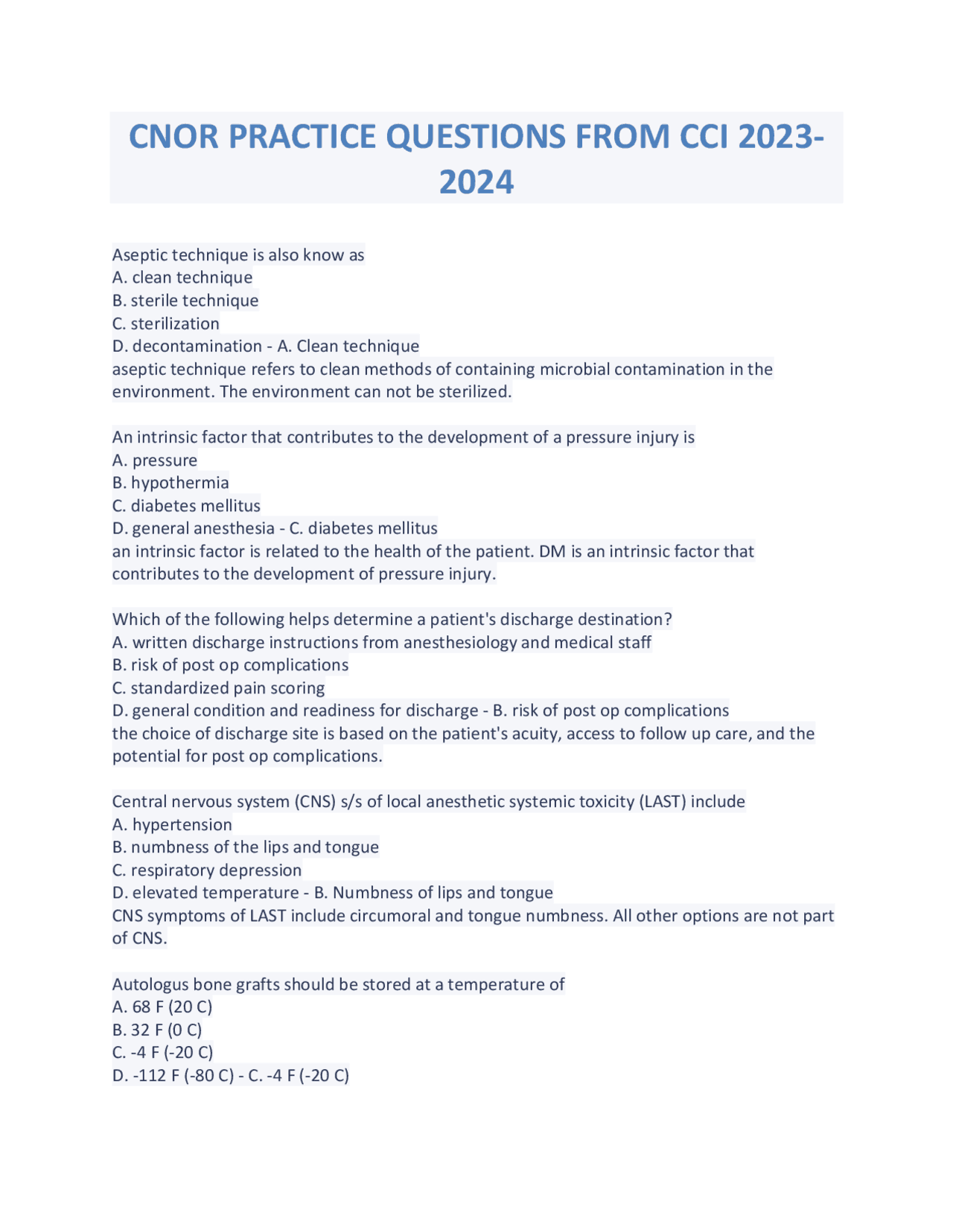 CNOR Practice Questions from CCI 2023-2024 | Exams Nursing | Docsity