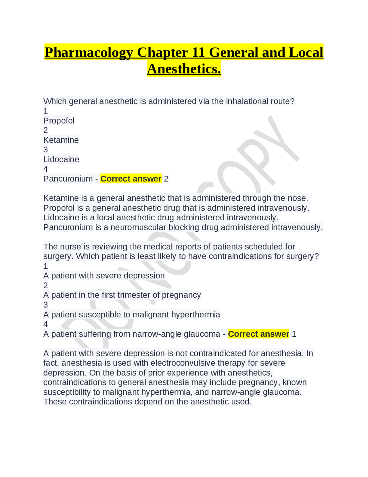 Anesthesia Management and Complications | Exams Pharmacology | Docsity