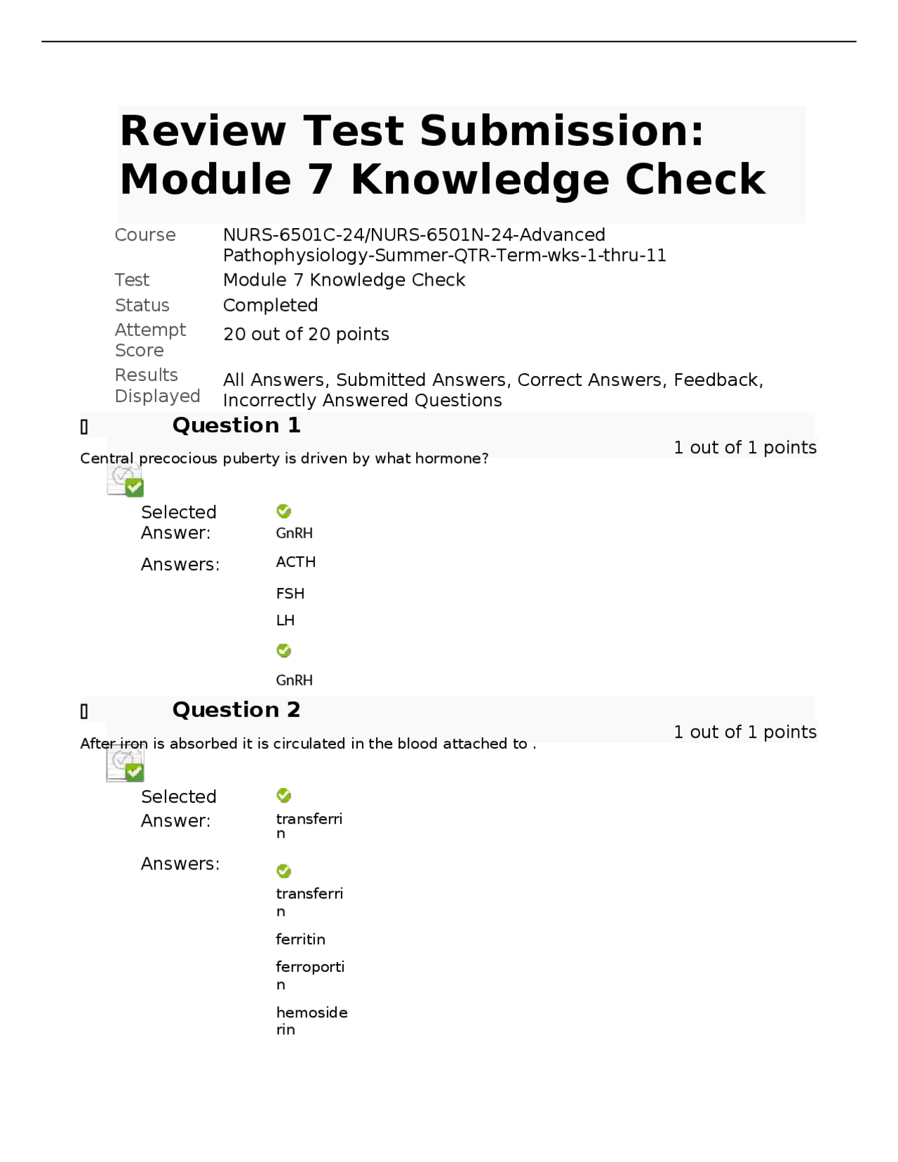Advanced Pathophysiology Knowledge Check | Quizzes Nursing | Docsity