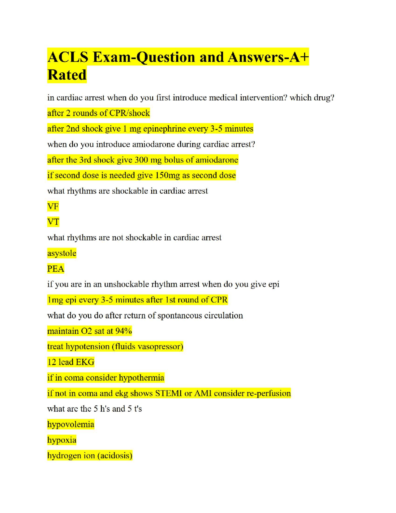 ACLS Exam-Question and Answers-A+ Rated | Exams Cardiology | Docsity