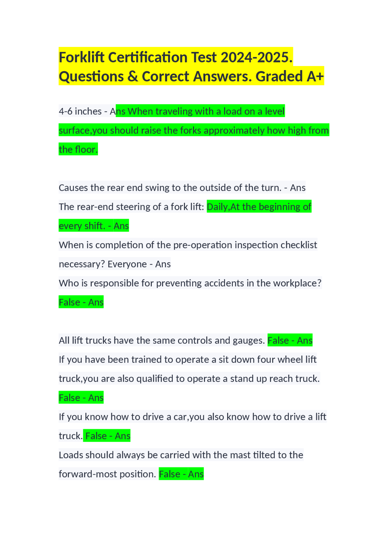 Forklift Certification Test 2024-2025. Questions & Correct Answers ...