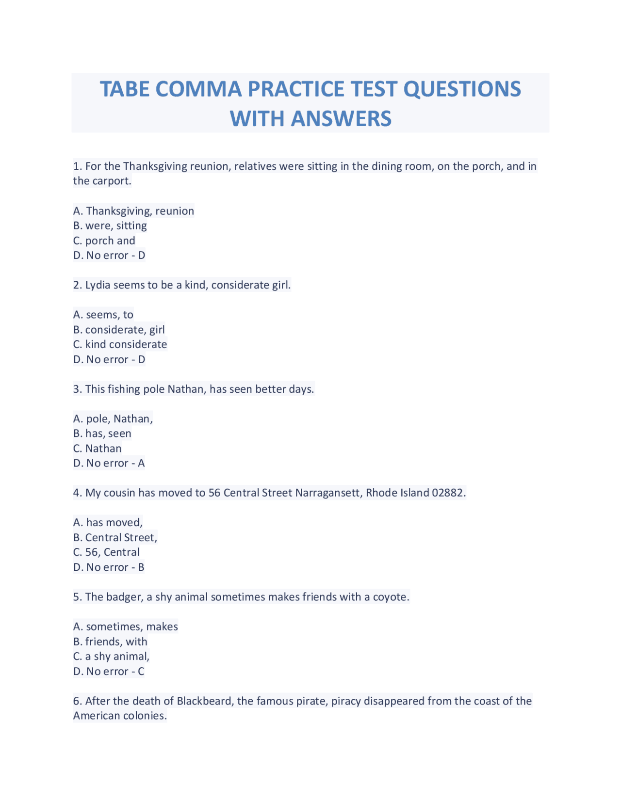 TABE Comma Practice Test Questions with Answers | Exams Advanced ...