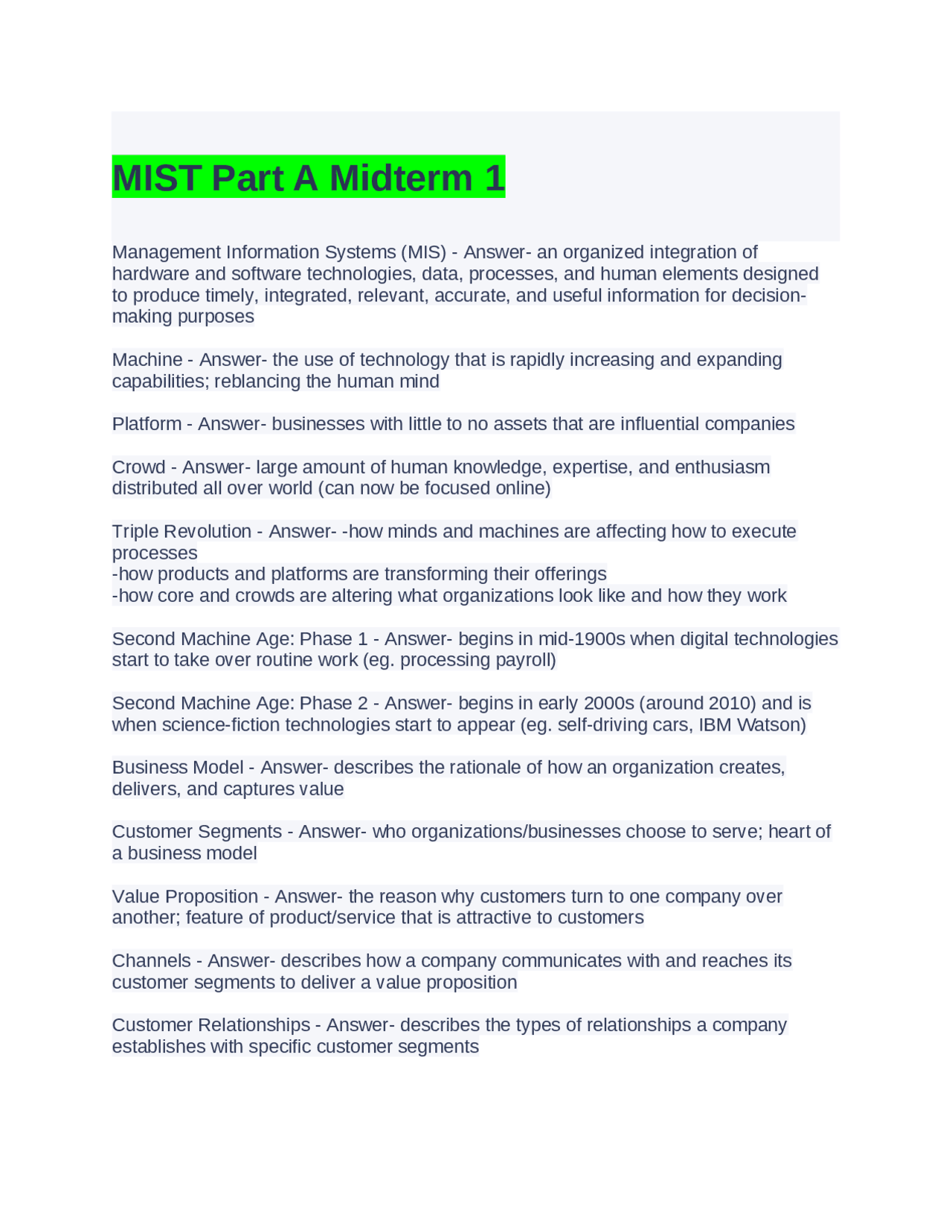 MIST Part A Midterm 1 Exam Questions and Answers | Exams Advanced Education | Docsity