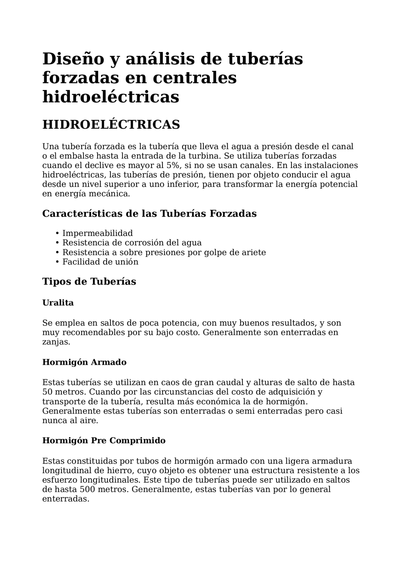 Informe Central Hidroeléctrica Tubería Forzada | Exámenes selectividad ...